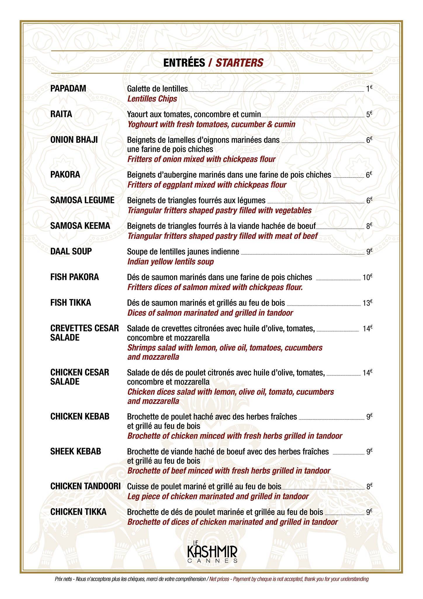 Carta de Restaurant indien le Kashmir, Cannes