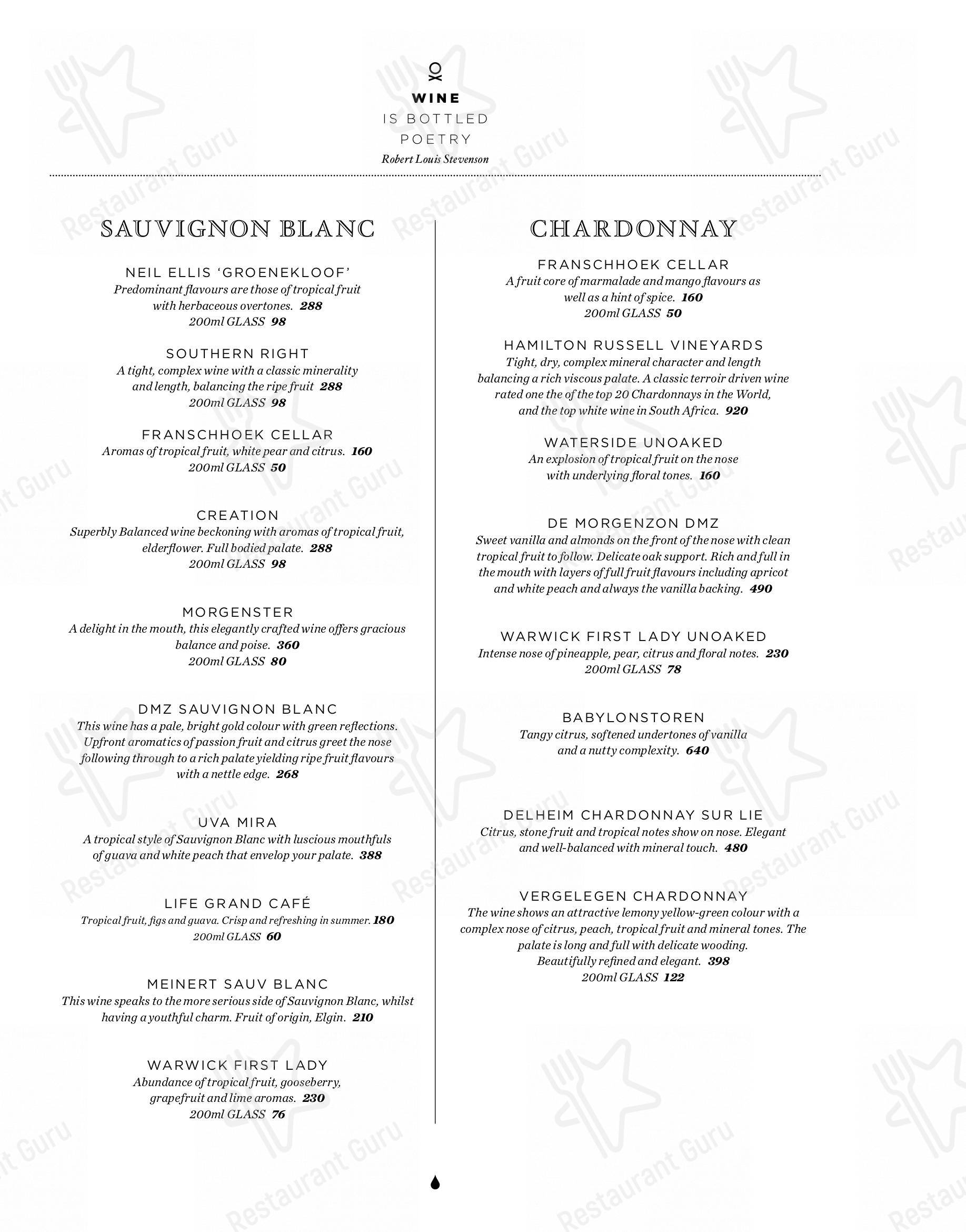 Menu at Life Grand Cafe Waterfront, Cape Town, 2 Pierhead Road