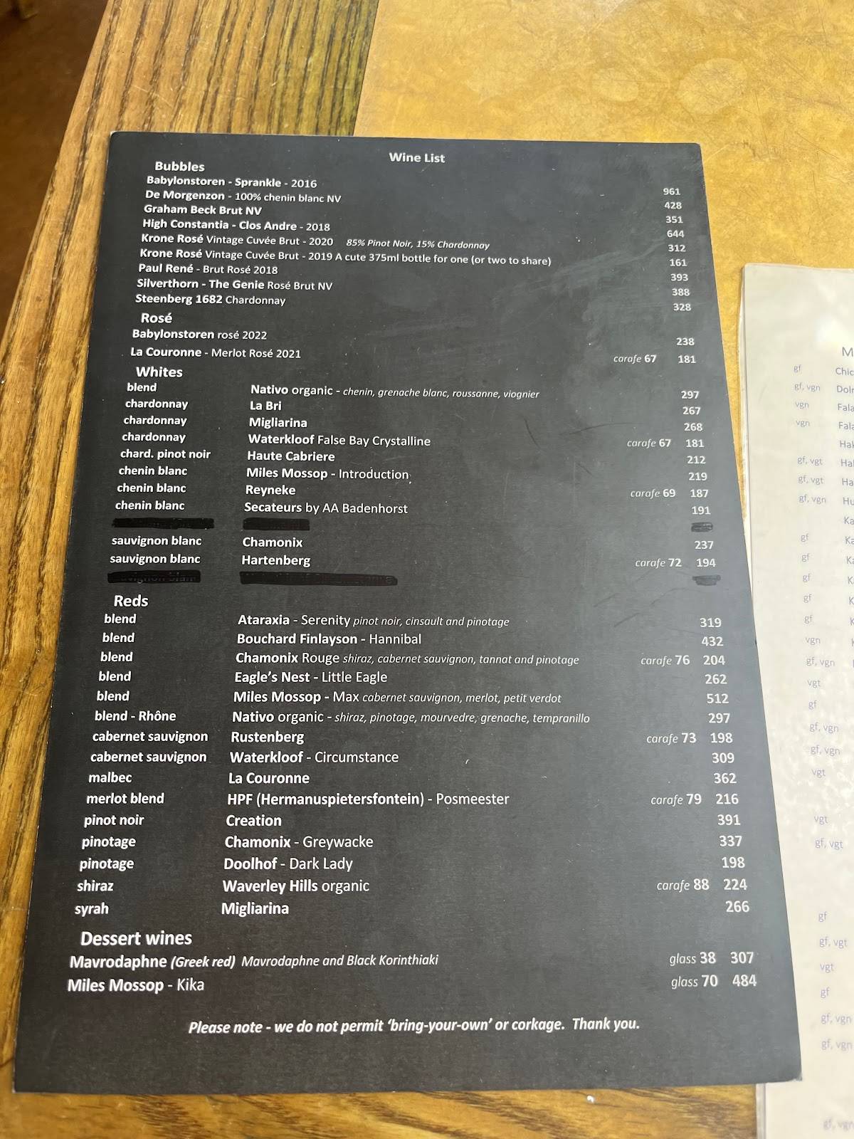 Menu at Maria's Greek Café restaurant, Cape Town
