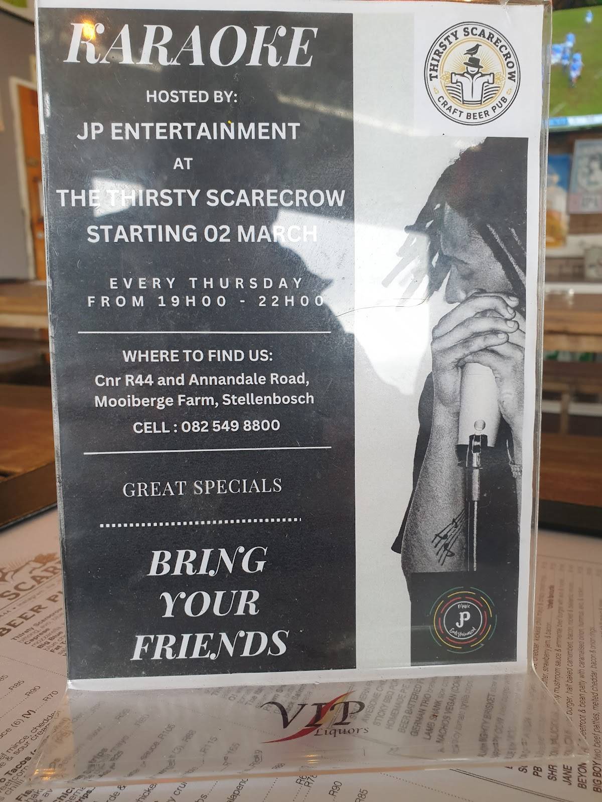 Menu at Thirsty Scarecrow pub & bar, Stellenbosch