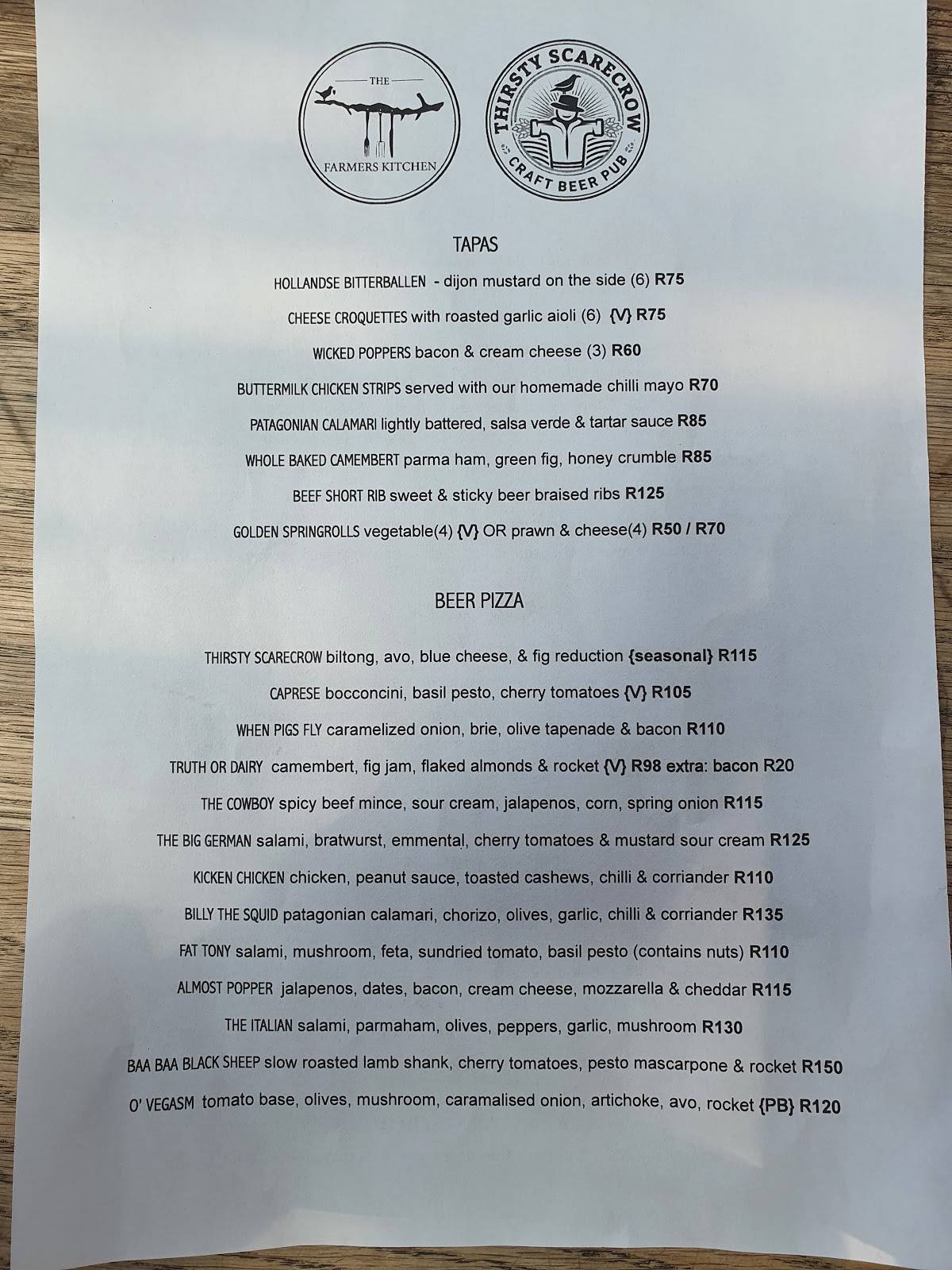 Menu at Thirsty Scarecrow pub & bar, Stellenbosch
