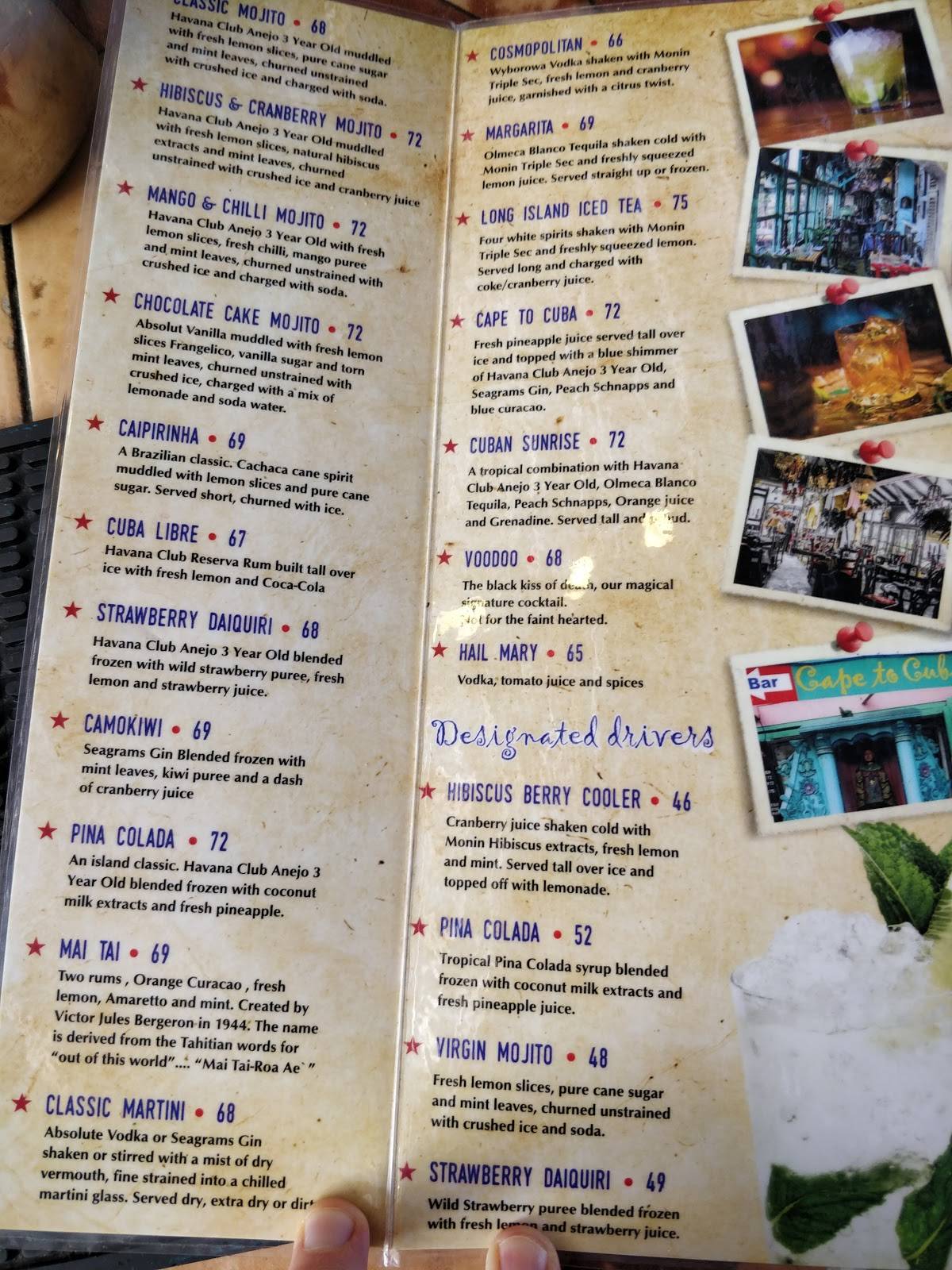 Menu at Cape to Cuba restaurant, Cape Town, 165 Main Rd