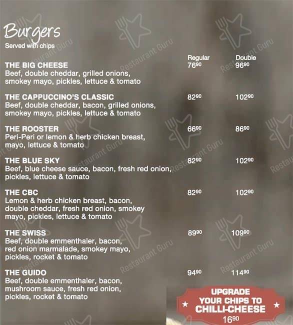 Menu at Cappuccinos Waverley restaurant, Pretoria, 1120 Hertzog St