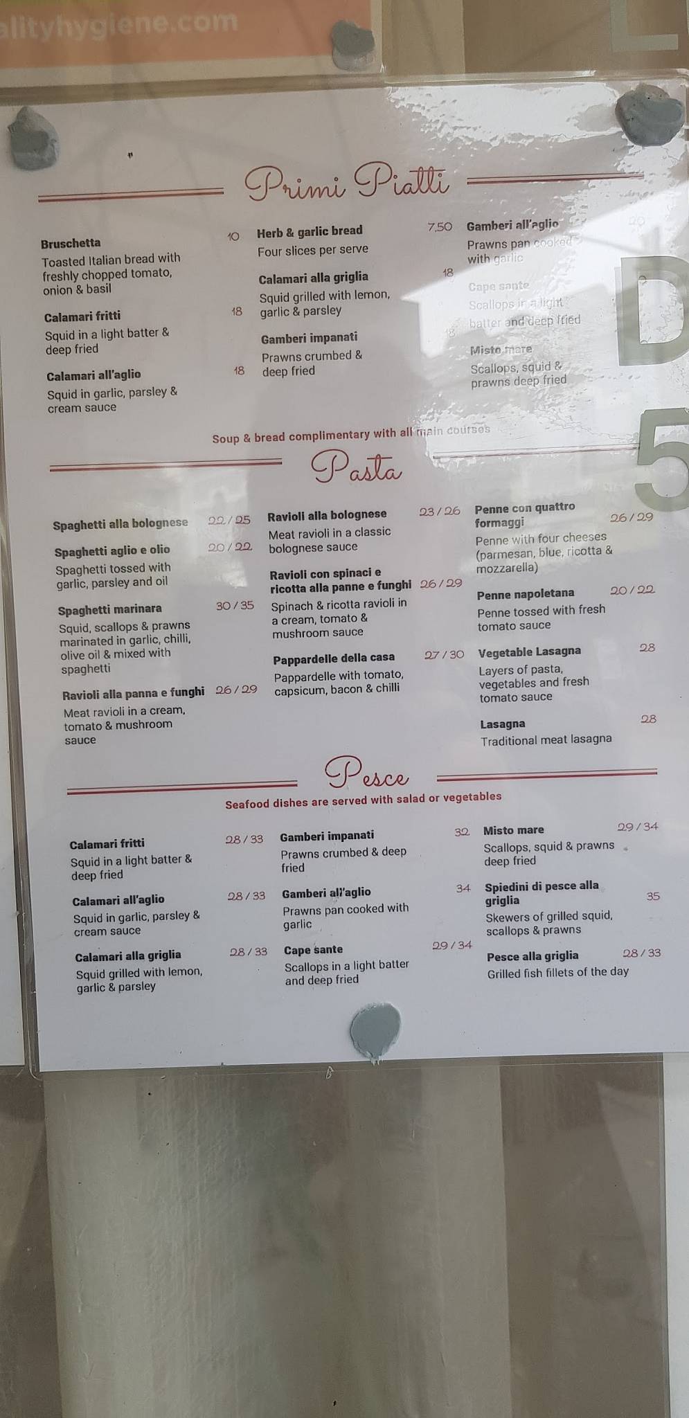 Menu at Capri Restaurant, Fremantle