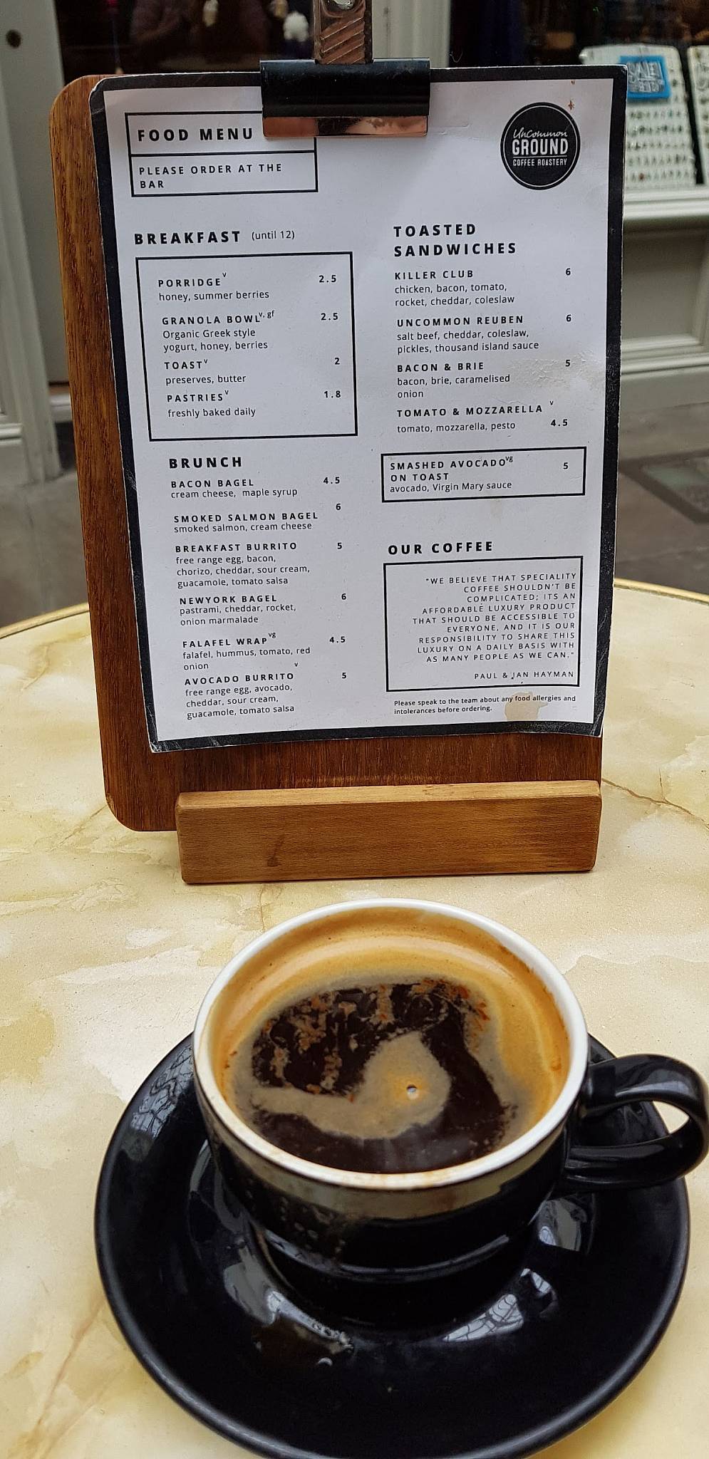 Menu at Uncommon Ground Coffee Roastery cafe, Cardiff, 10-12 Royal Arcade