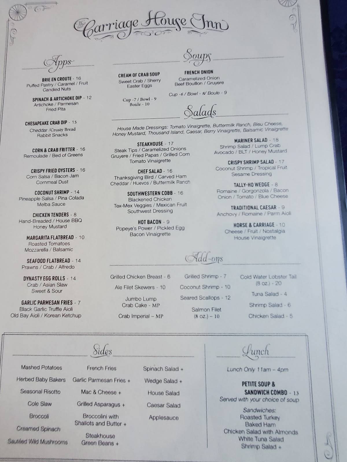 Menu at Carriage House Inn Restaurant & Catering, Emmitsburg