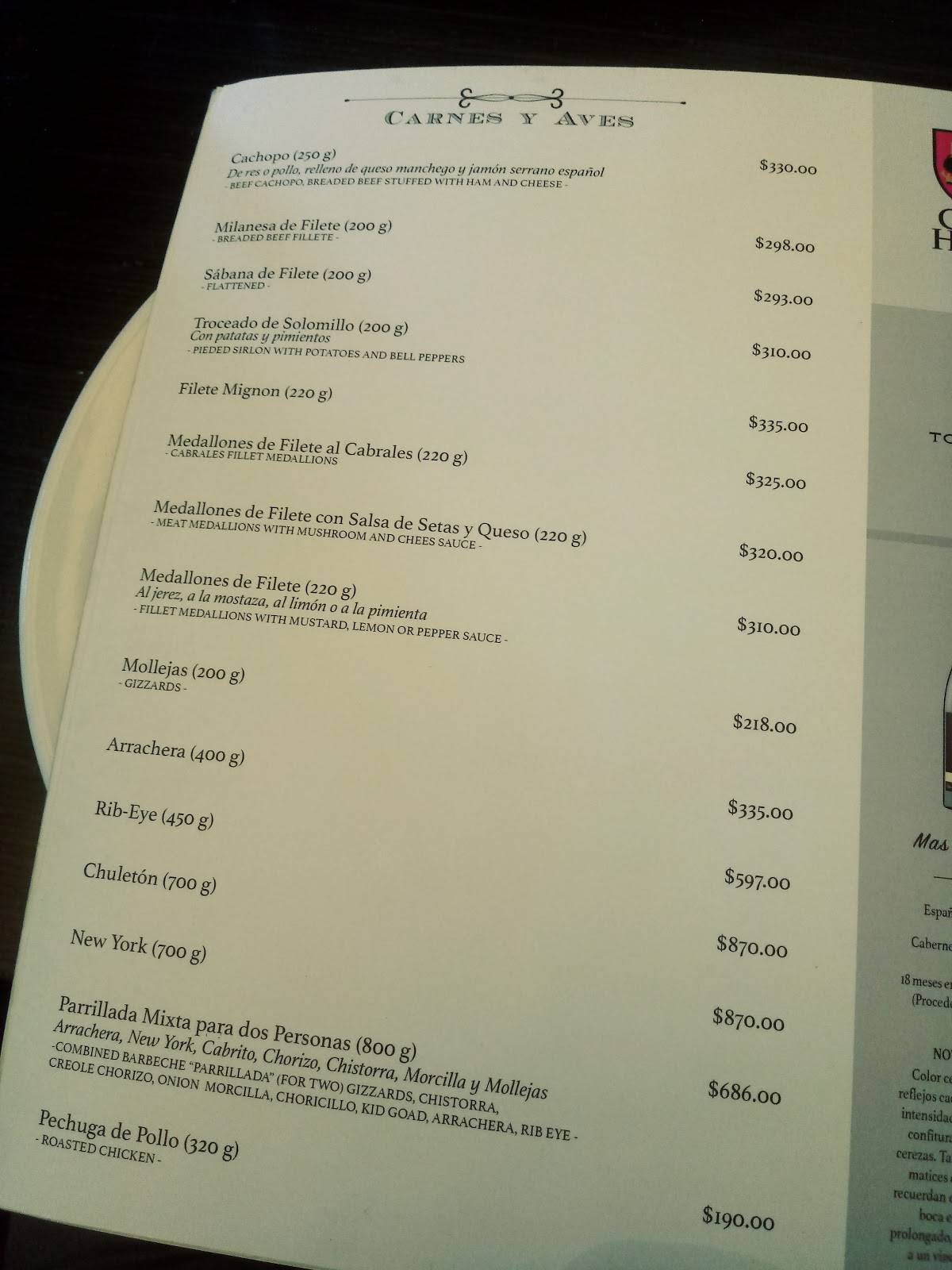 Menu at Casa Hevia restaurant, Mexico City, Alejandro Dumas 4