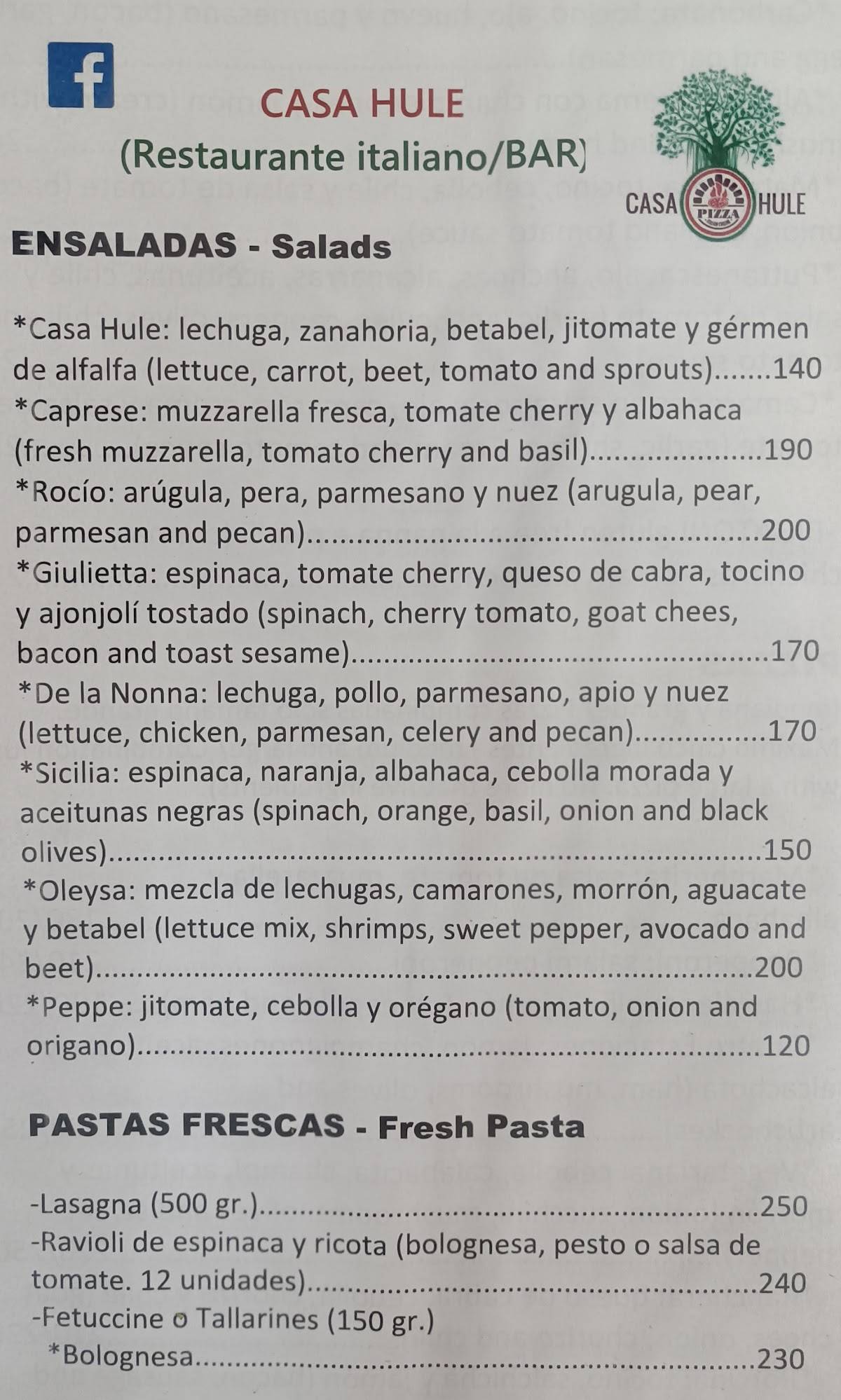 Menu at Casa Hule pub & bar, La Cruz de Huanacaxtle