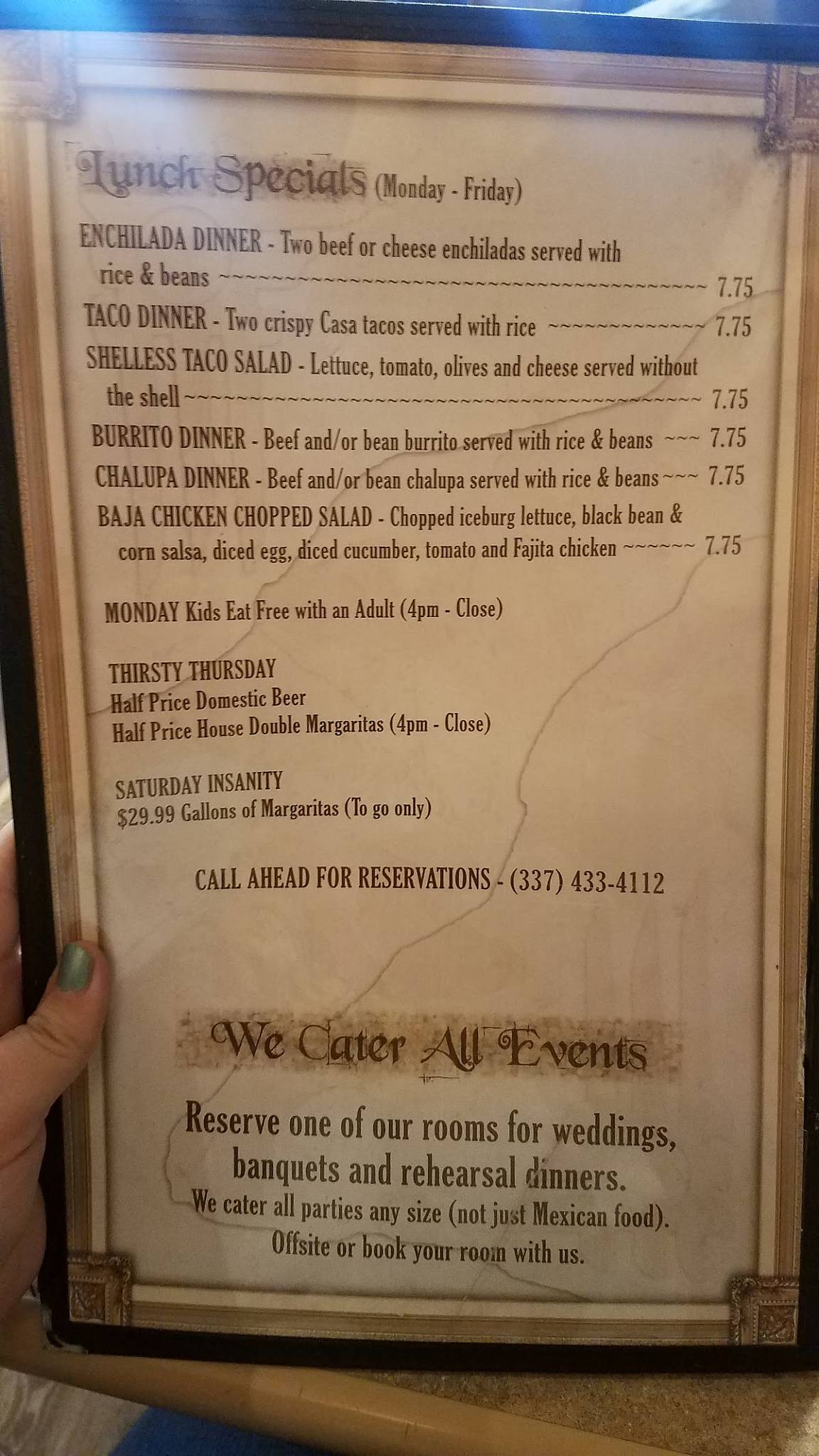 Menu at Casa Mañana Mexican Restaurant, Lake Charles, Ryan St
