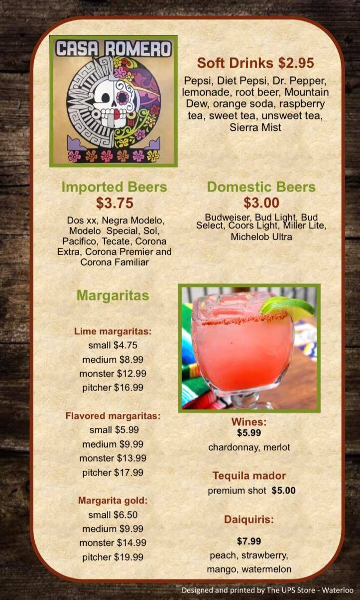 Menu at Casa Romero Mexican Restaurant, Waterloo