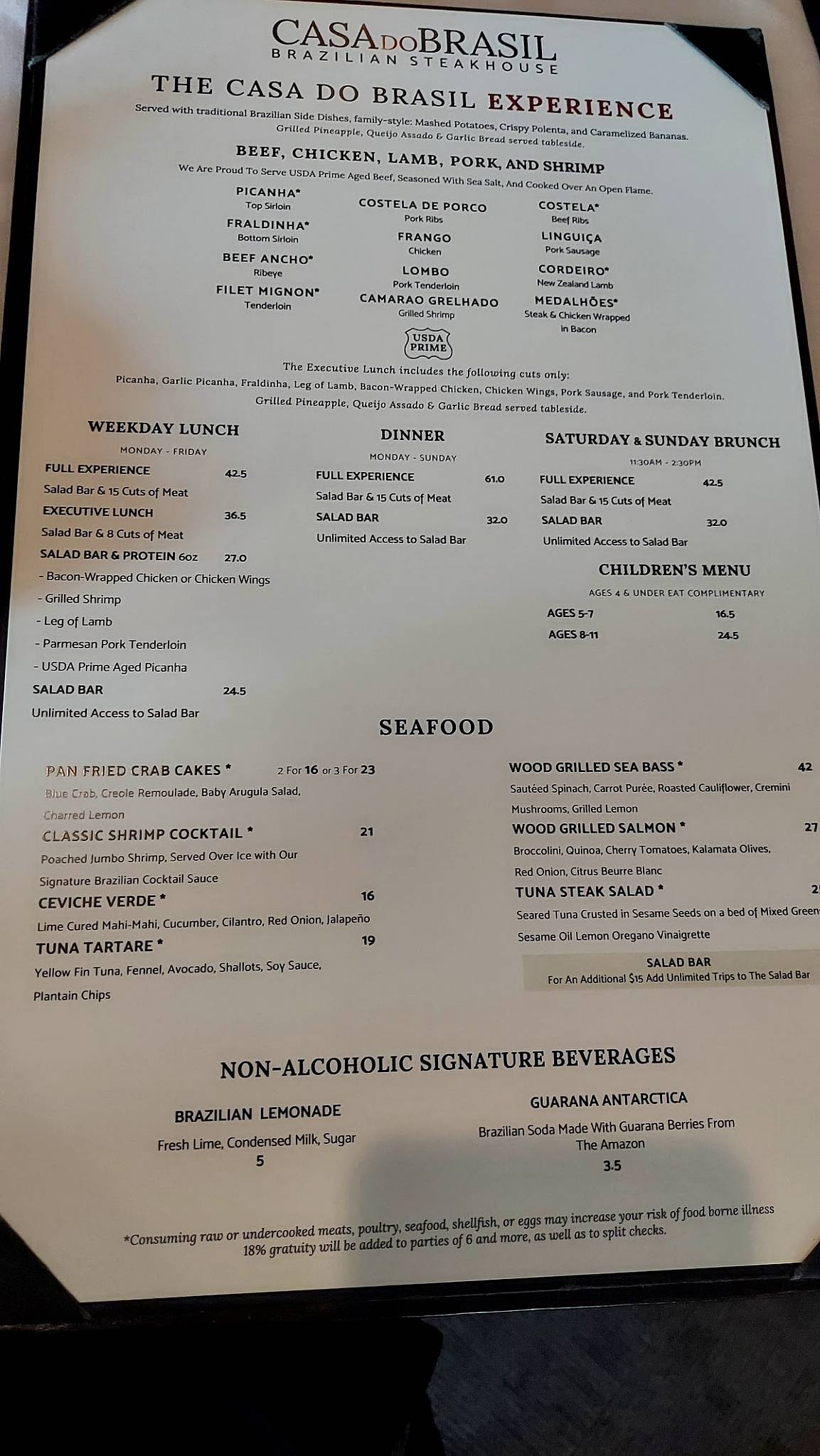 Menu at Casa do Brasil steakhouse, Houston