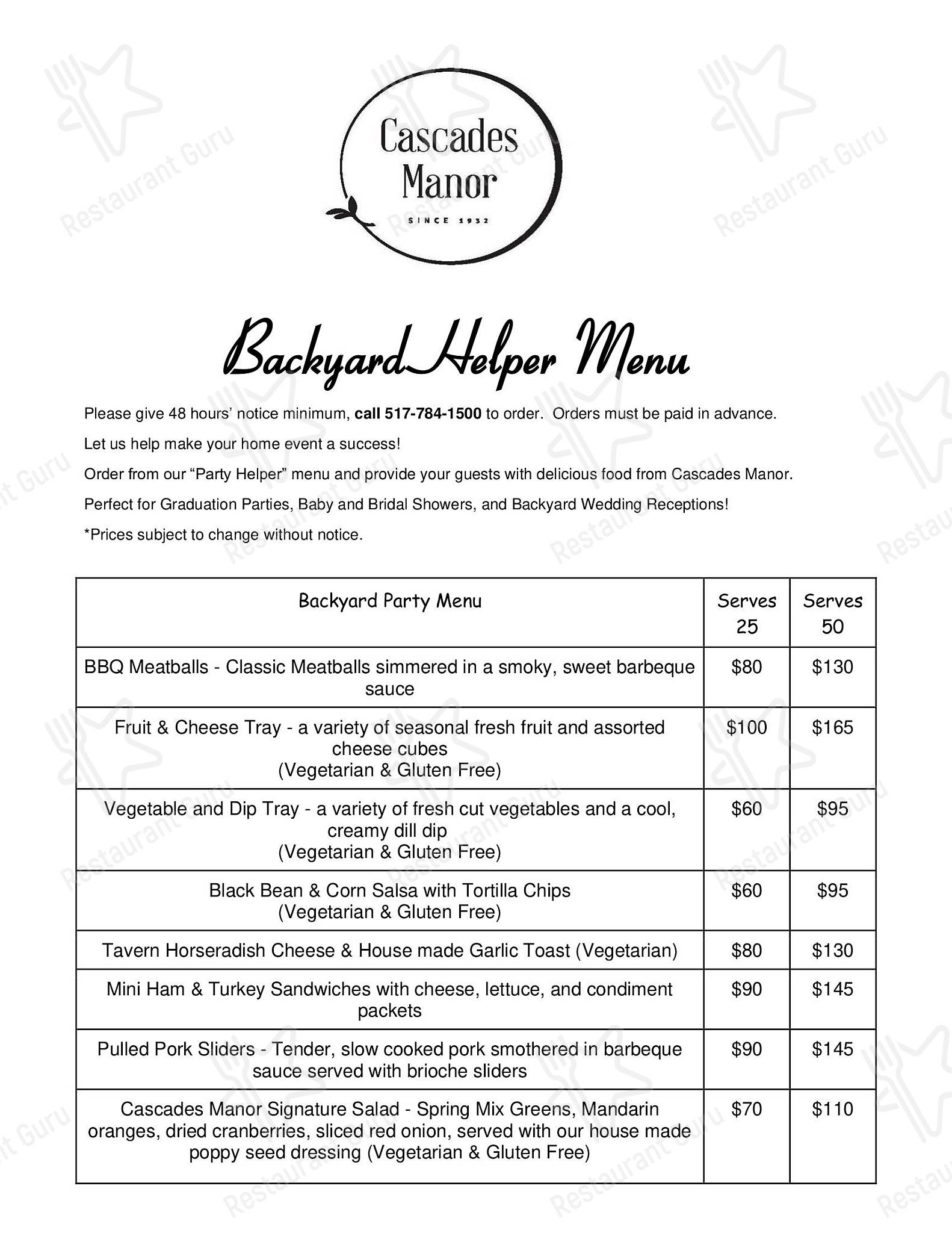 Menu at Cascades Manor restaurant, Jackson