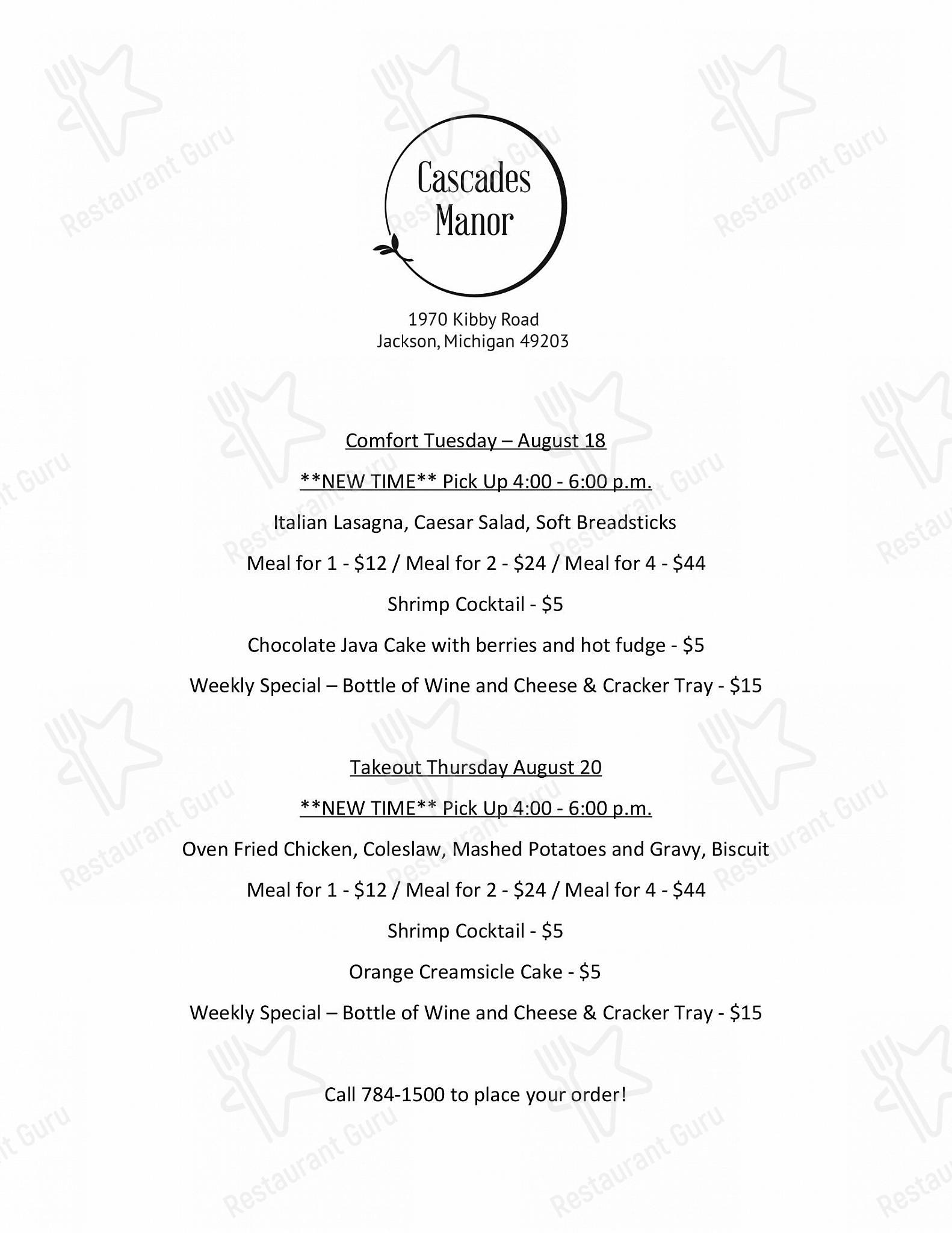 Menu at Cascades Manor restaurant, Jackson