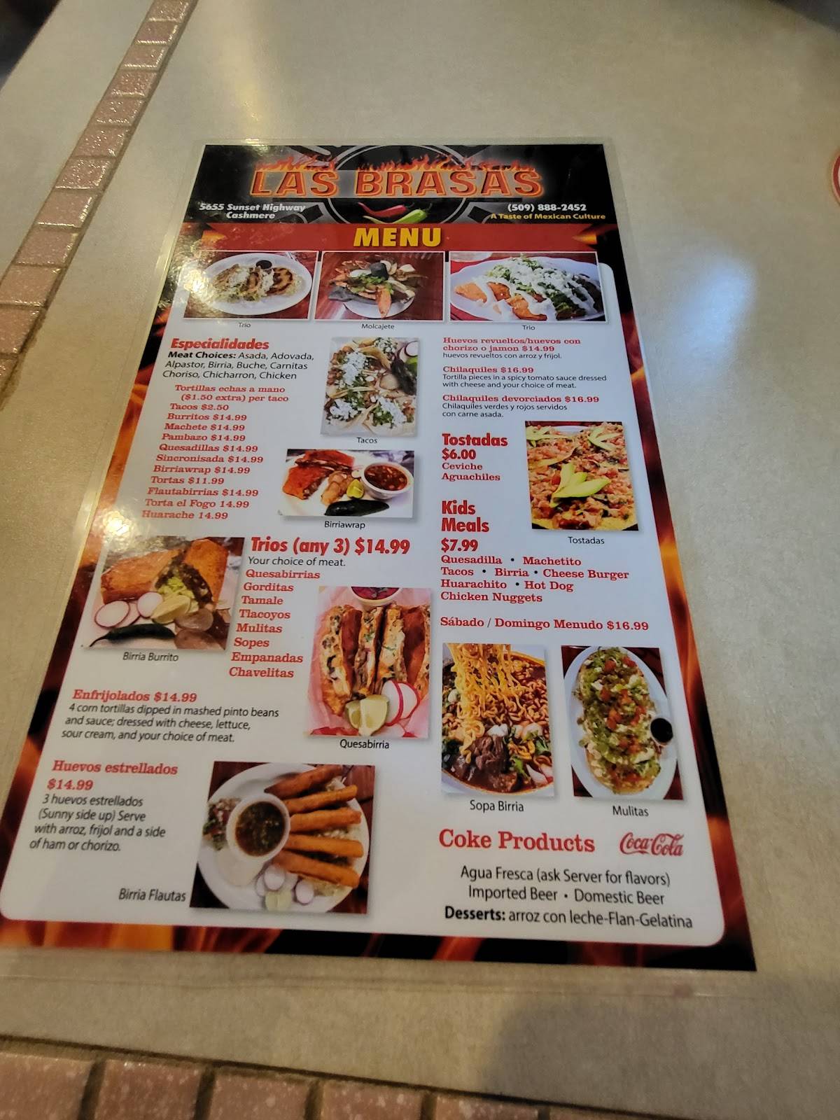Menu at Las Brasas restaurant, Cashmere
