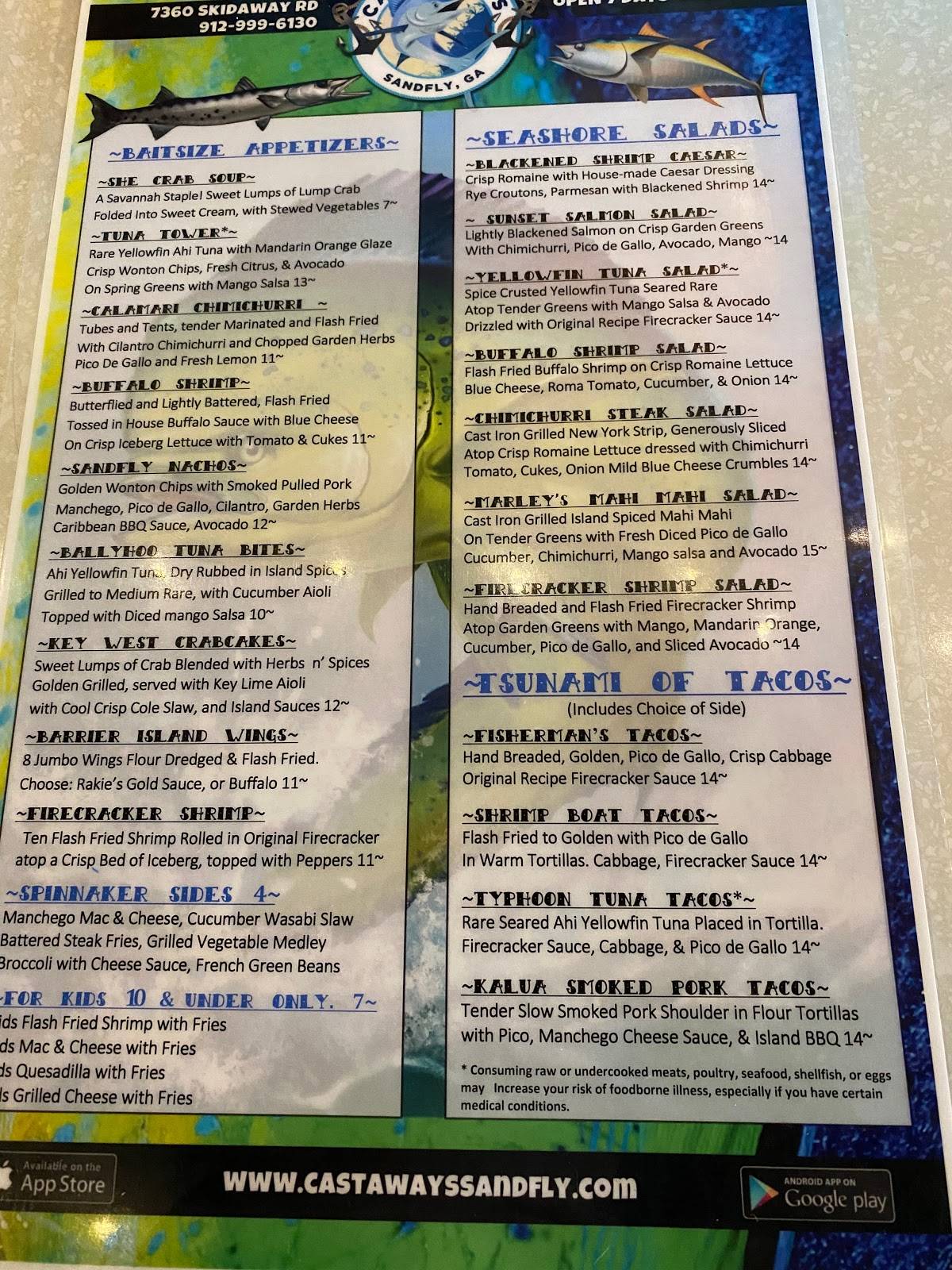 Menu at Castaways restaurant, Savannah, Skidaway Rd