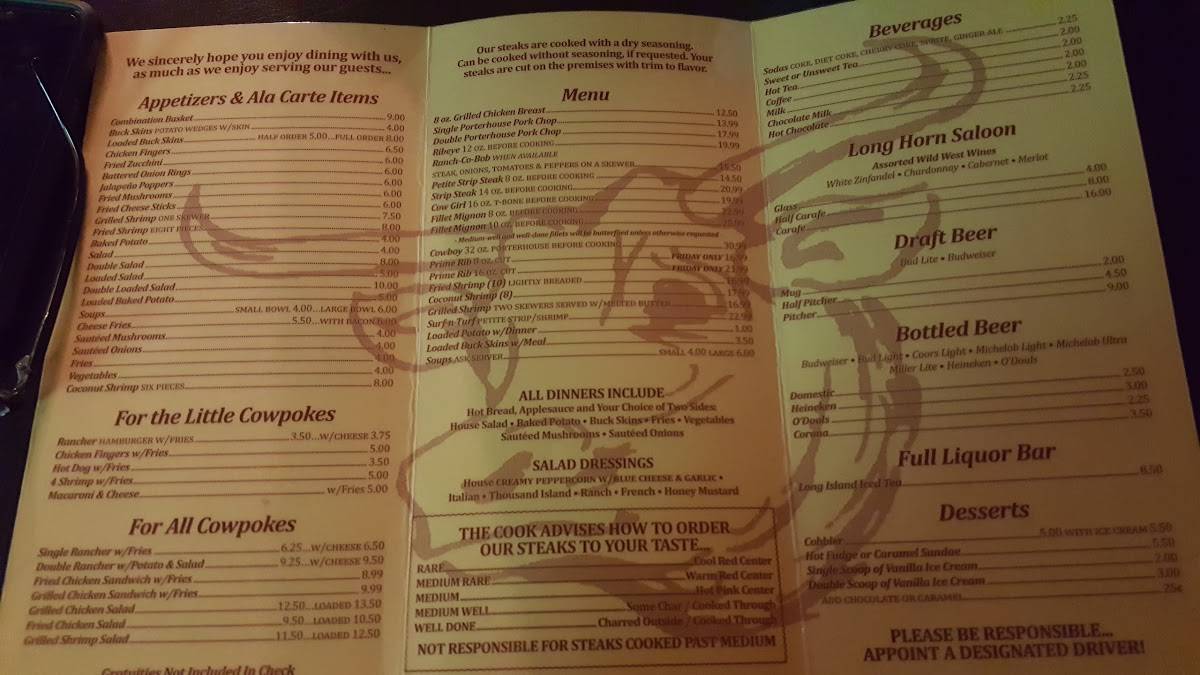 Menu at Cattle Ranch steakhouse, Sanford, Sanford Ave