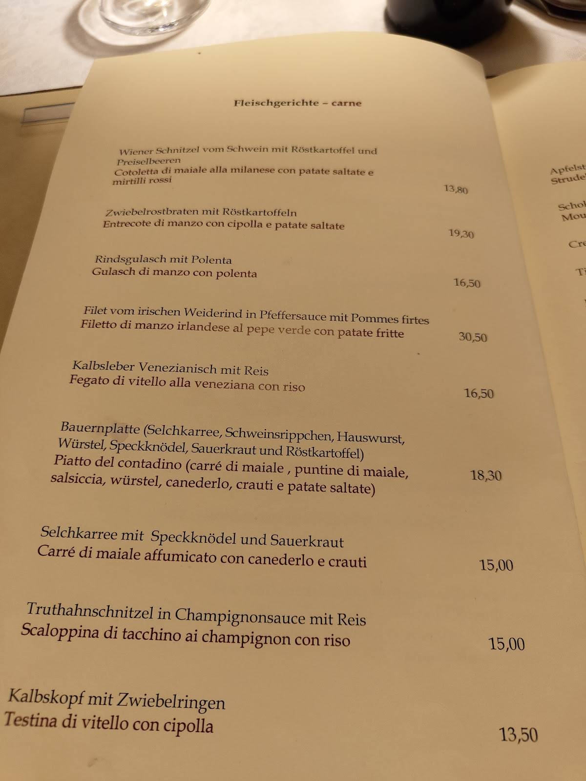 Menu da Cavallino Bianco / Weißes Rössl ristorante, Bolzano
