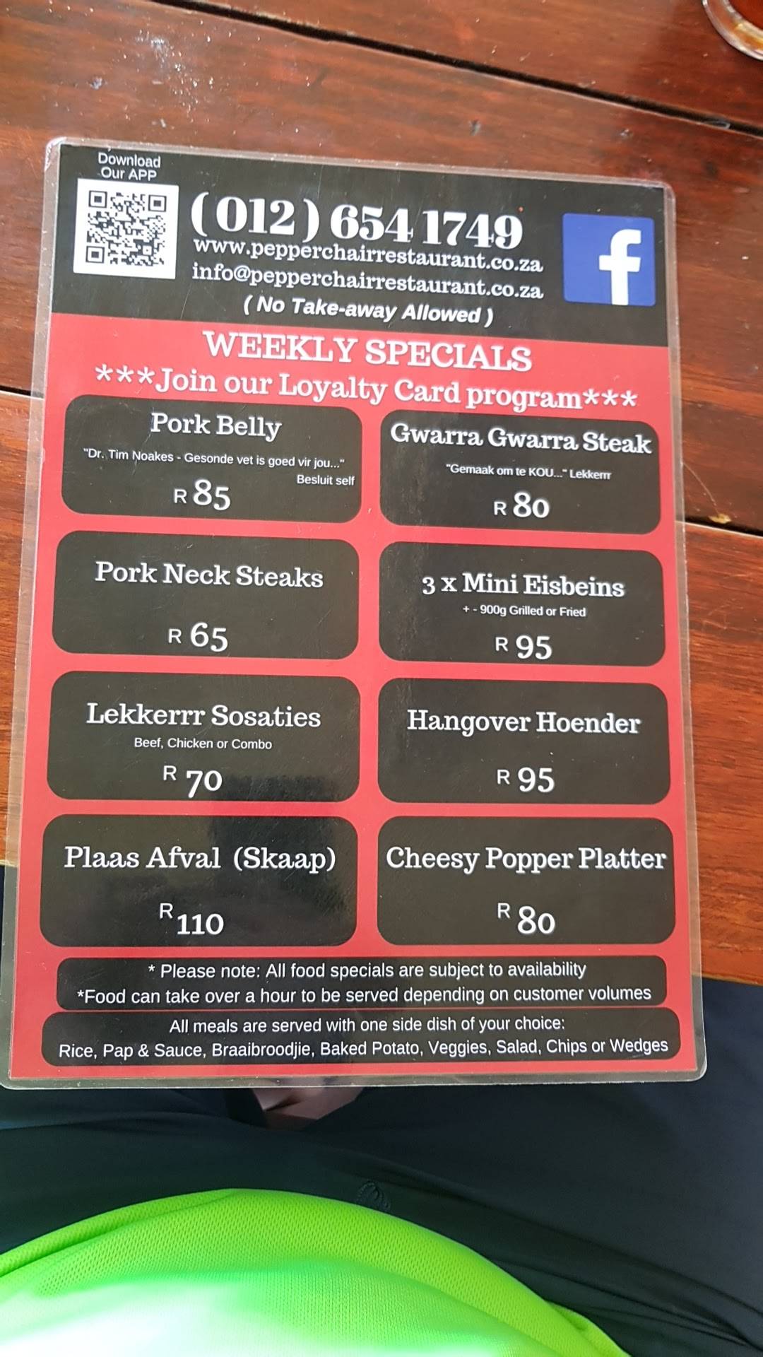 Menu at Pepper Chair Restaurant, Centurion