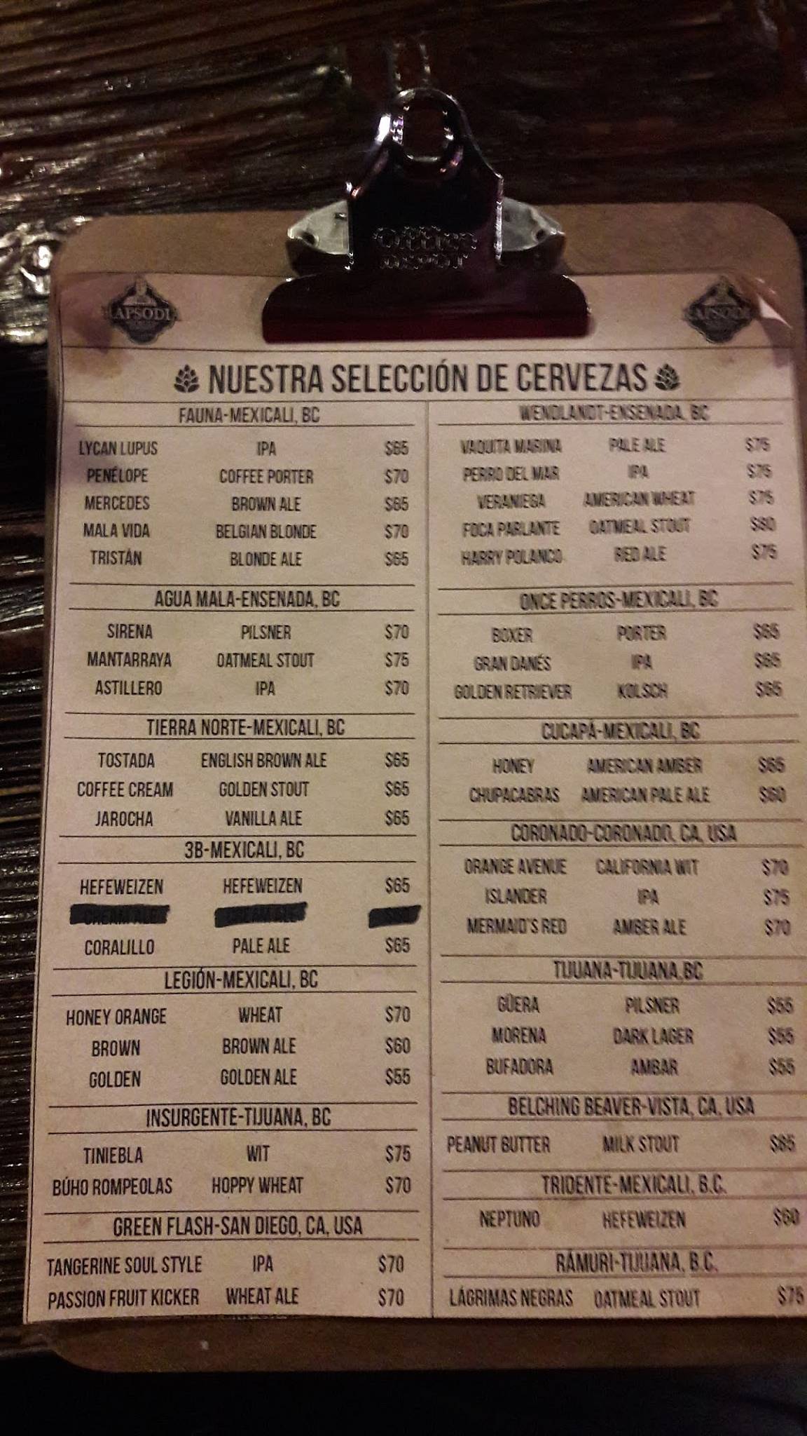 Carta del restaurante Cervecería Icono, Mexicali