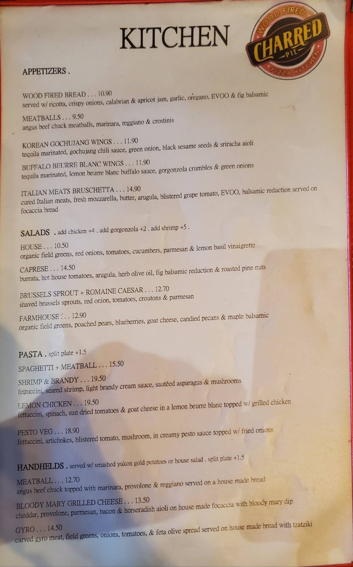 Menu at Charred Pie pizzeria, Oro Valley