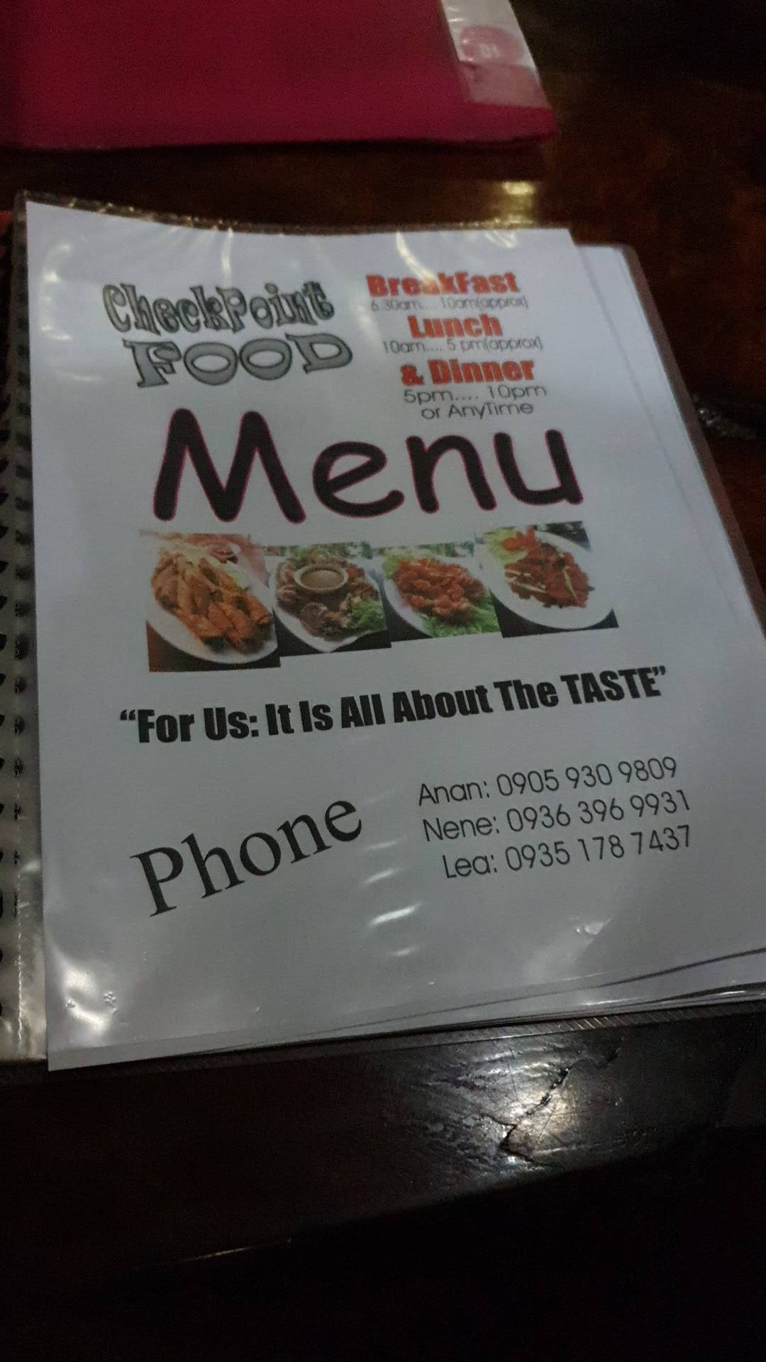Menu at CheckPoint Camiguin restaurant, Mambajao, Yumbing