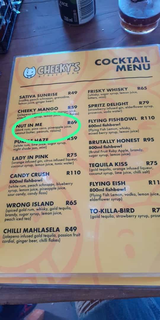 Menu at Cheeky's Street Bar, Pretoria