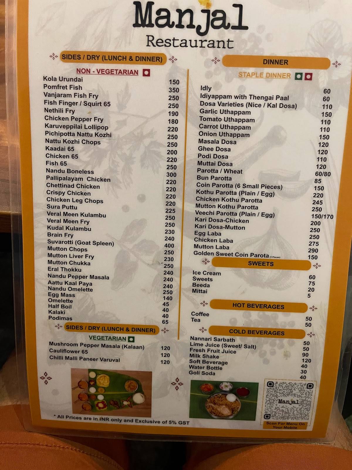 Menu at Manjal, Chennai, 6/9