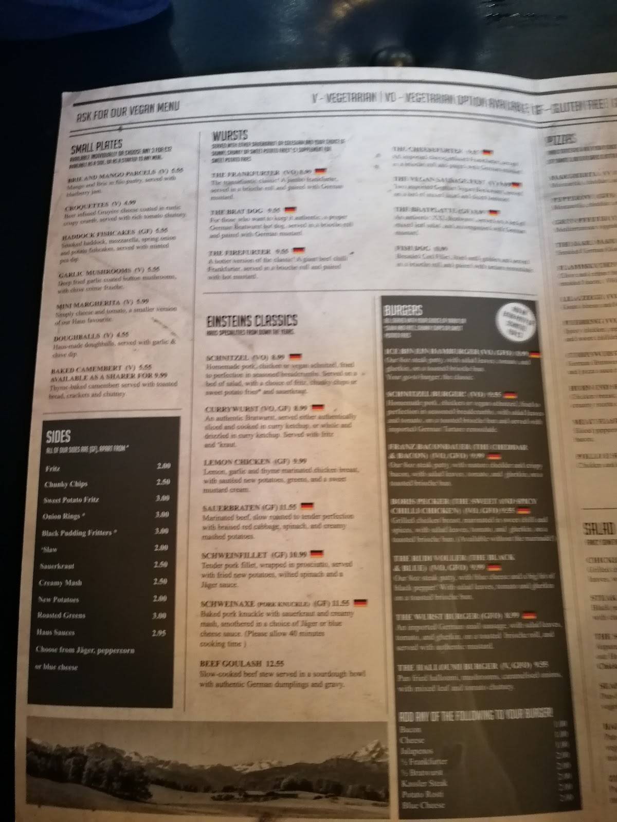 Menu at Einstein's pub & bar, Chesterfield