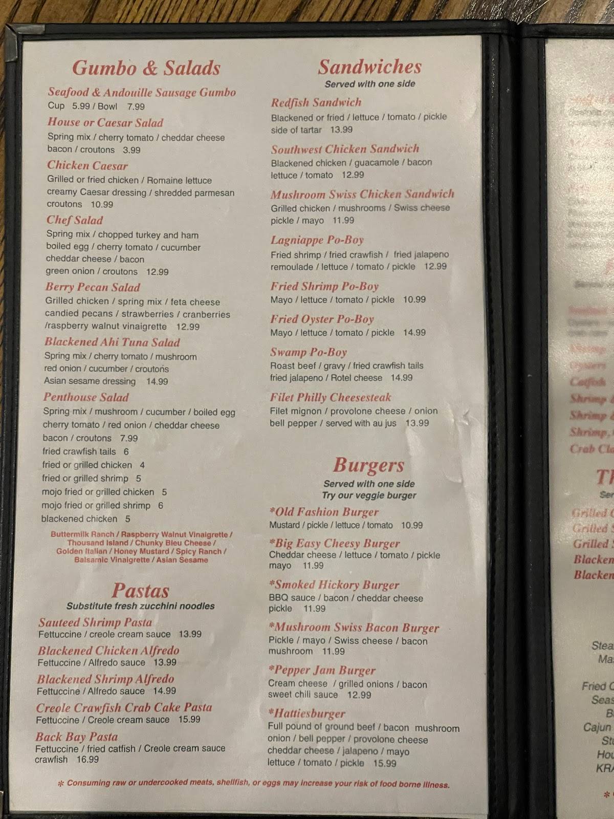 Menu at Chesterfield's pub & bar, Hattiesburg