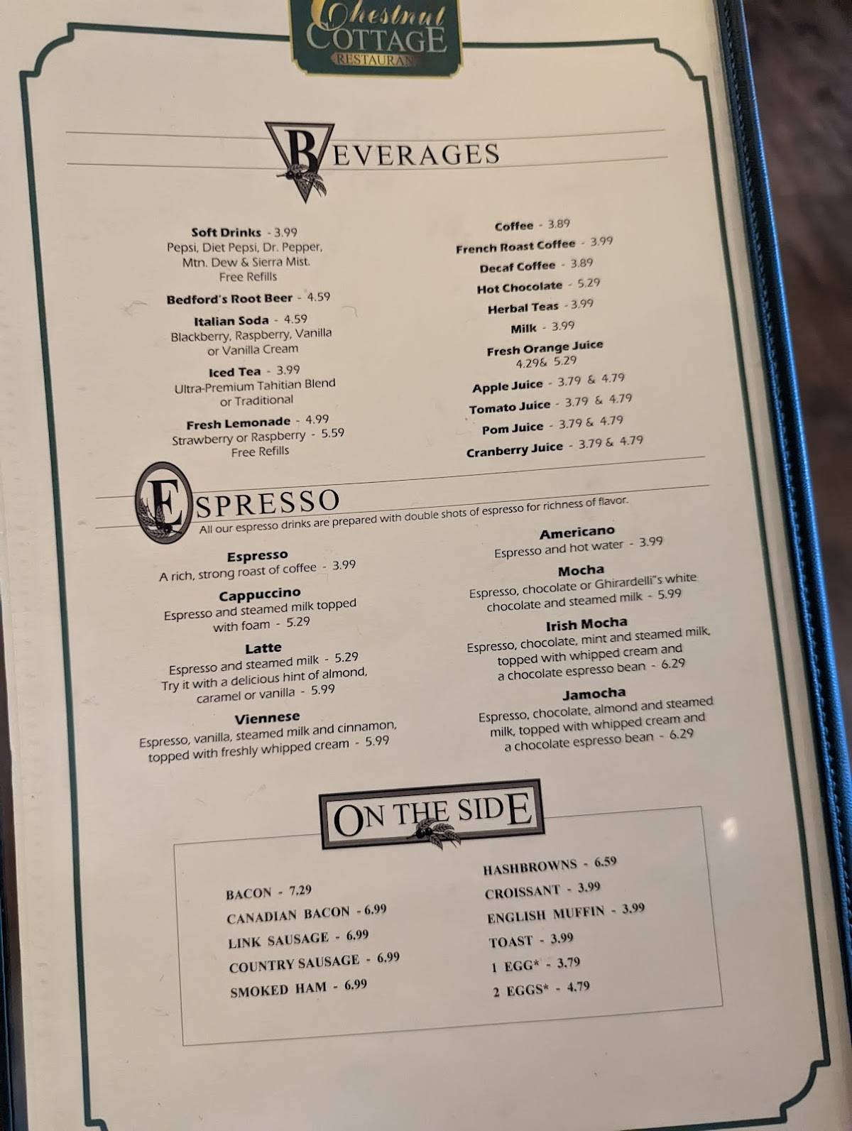 Menu at Chestnut Cottage Restaurant, Port Angeles