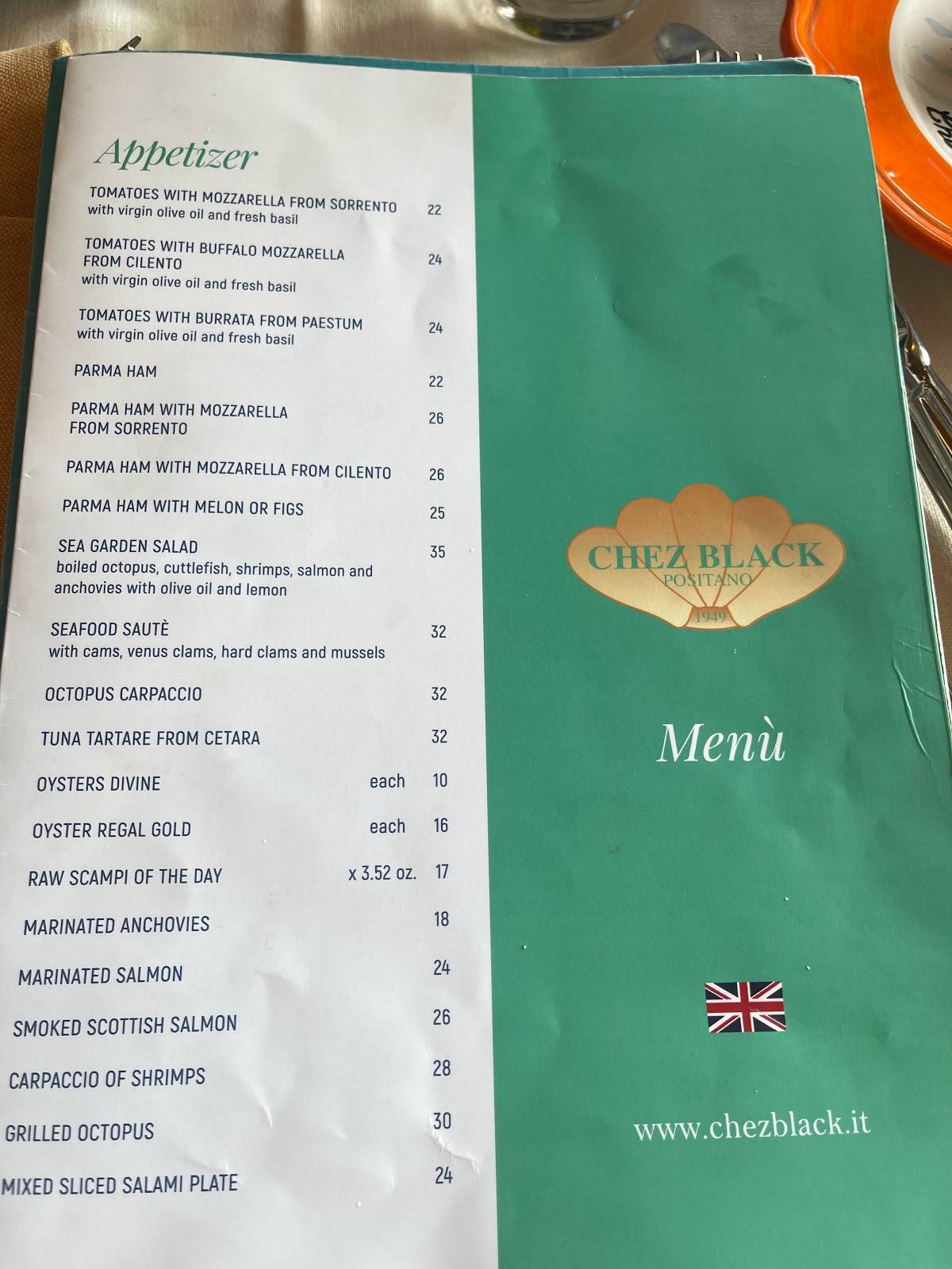 Menu at Chez Black restaurant, Positano