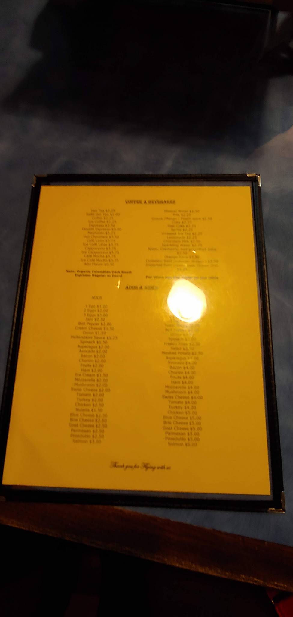 Menu at Chez David restaurant, Clearwater