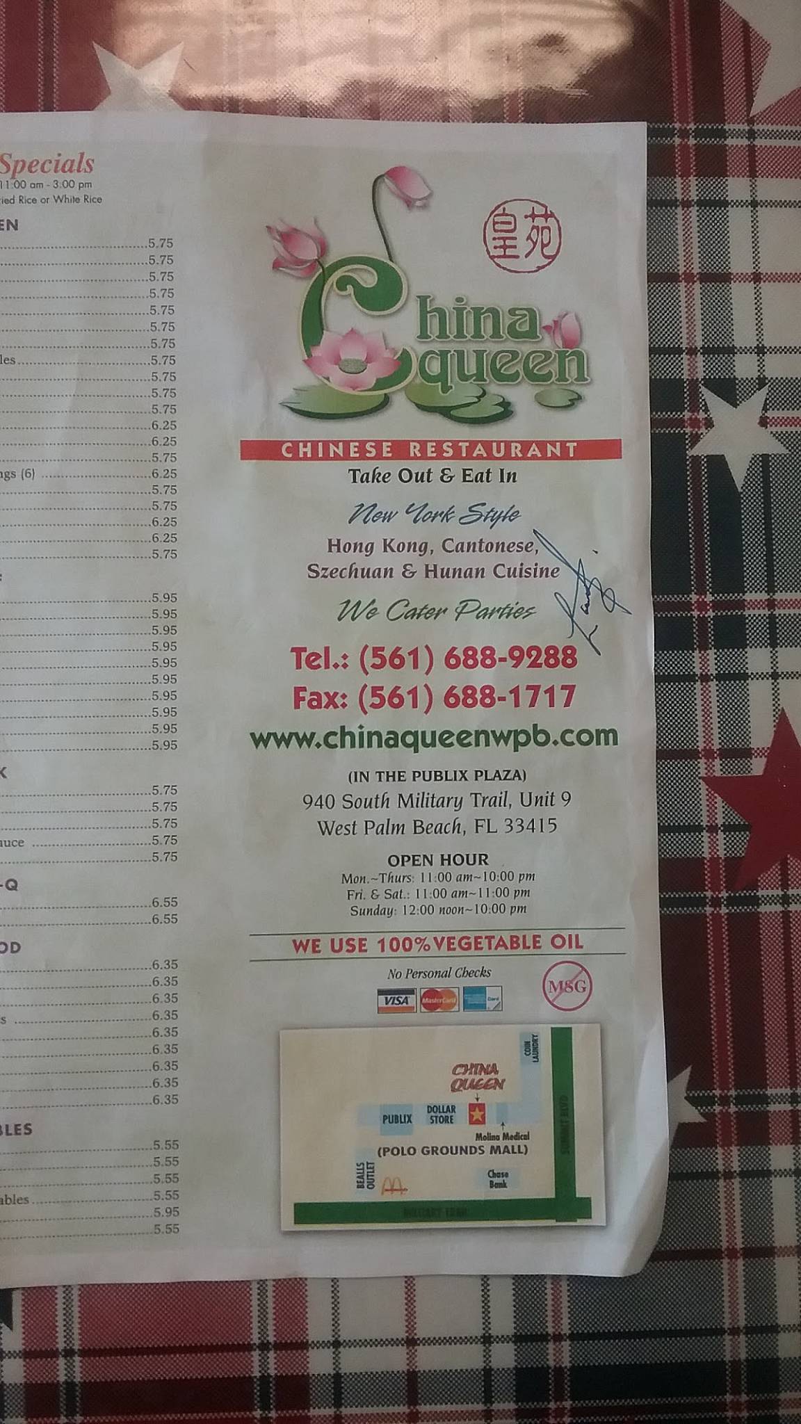 Menu at China Queen restaurant, West Palm Beach, 940 S Military Trail