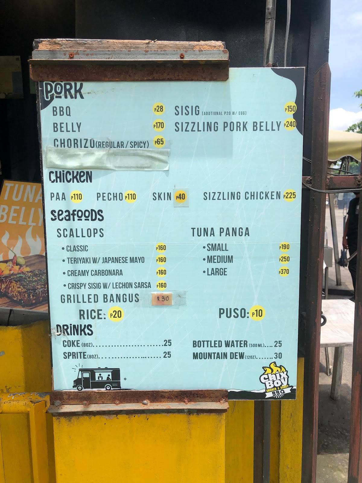 Menu at Chixboy restaurant, Cebu City, 8WX7+57X