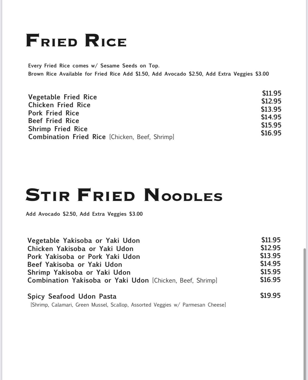 Menu at Chow-Ya restaurant, Lompoc