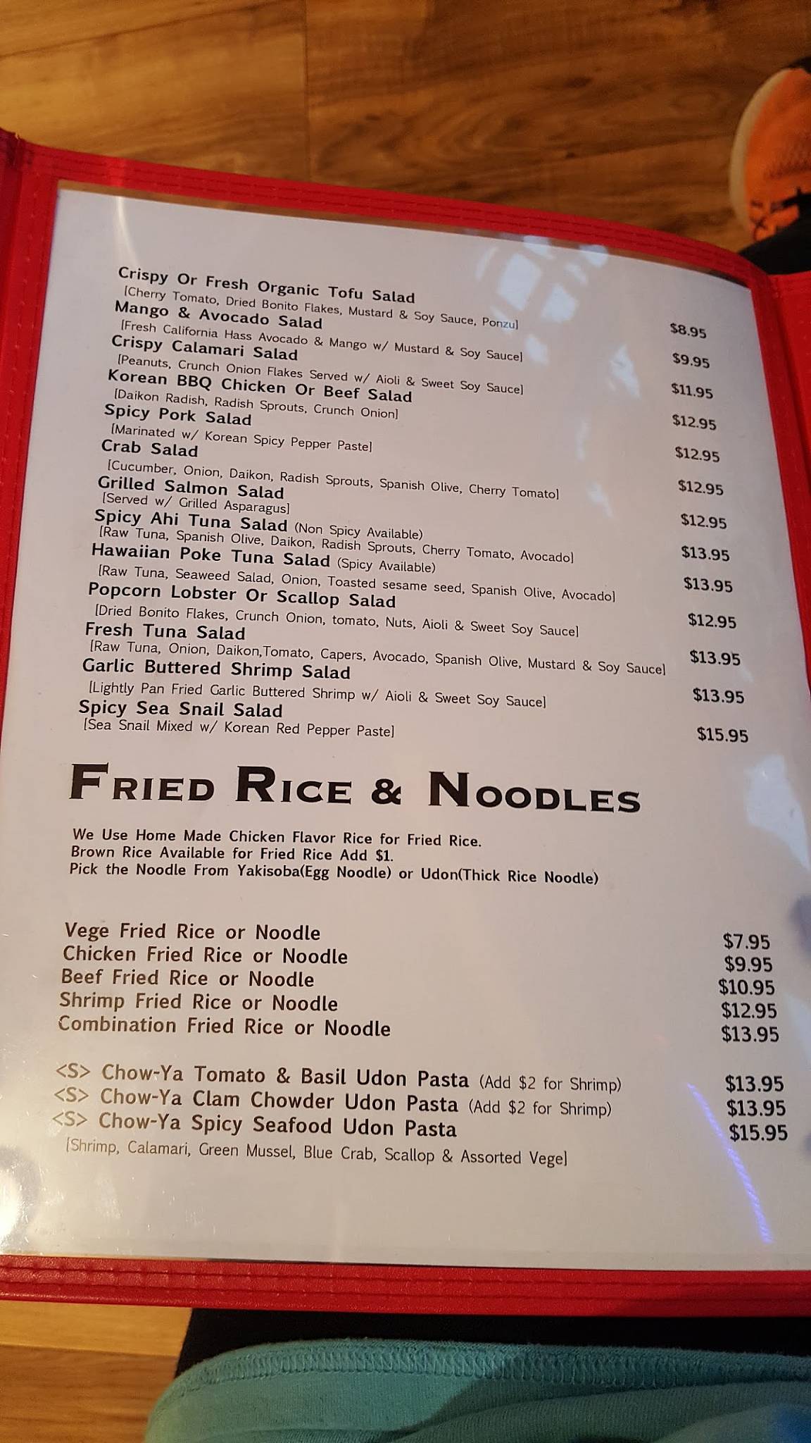 Menu at Chow-Ya restaurant, Lompoc