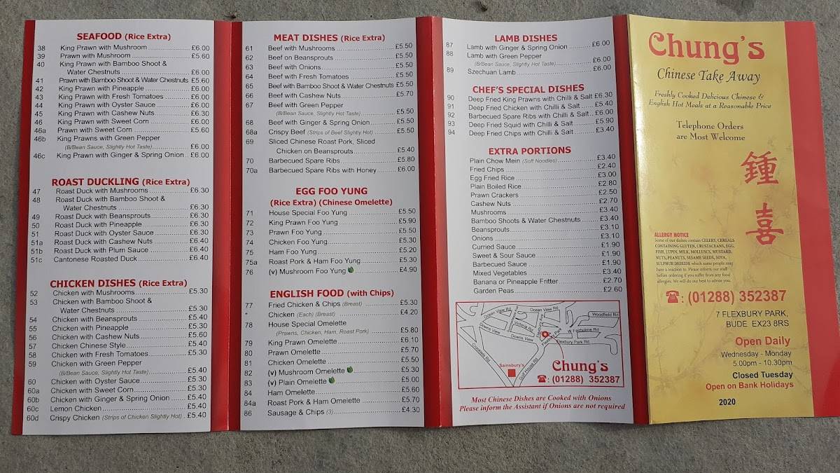 Menu at Chung's fast food, Bude