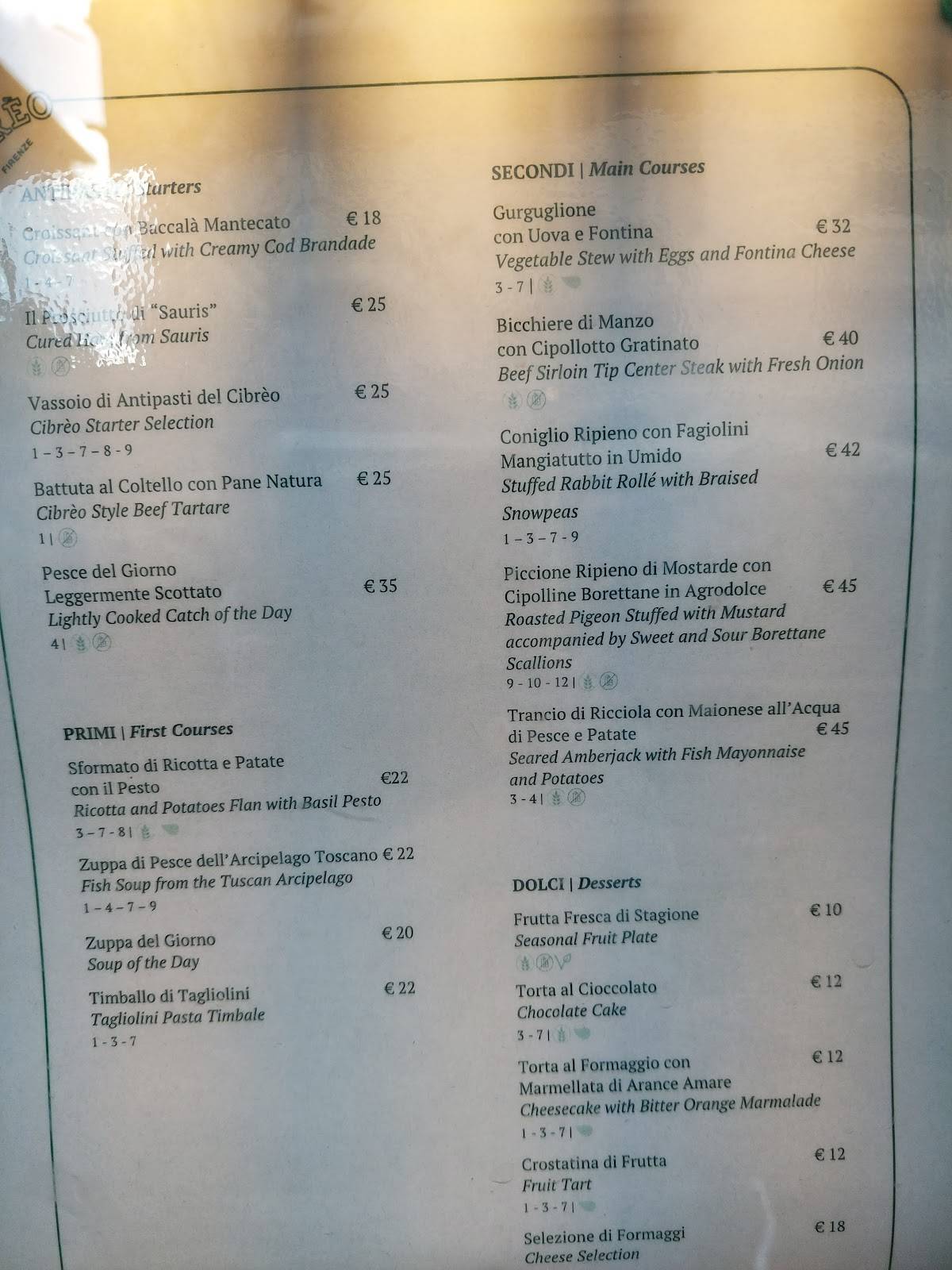 Speisekarte von Cibrèo Ristorante, Florenz, Via Andrea del Verrocchio