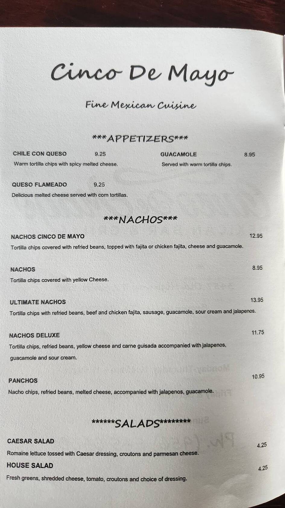 Carta de Cinco De Mayo Bar & Grill, Brownsville