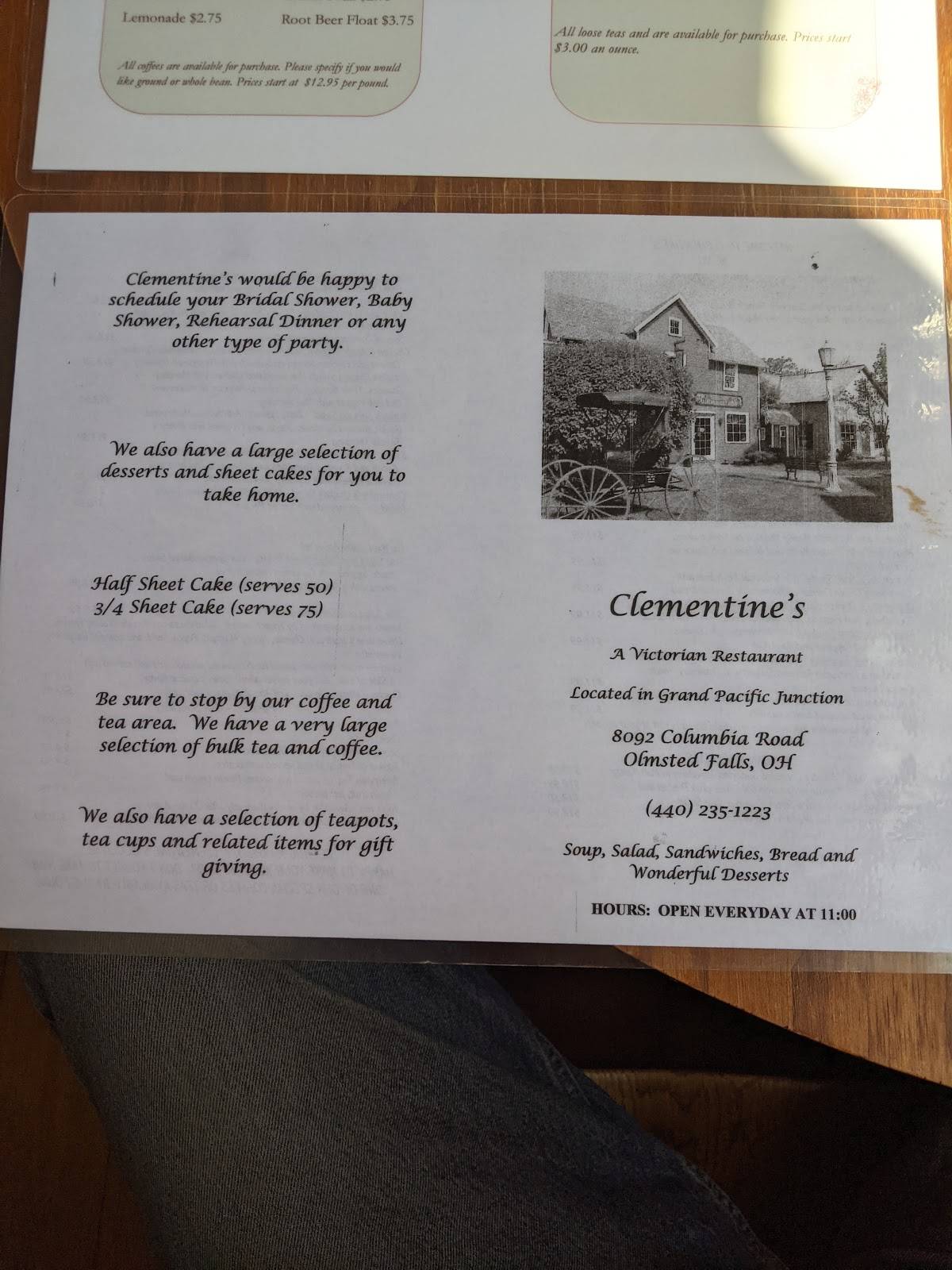 Menu at Clementine's Victorian Restaurant, Olmsted Falls