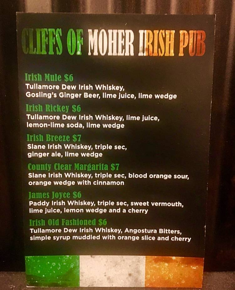 Menu at Cliffs of Moher Irish Pub, Bowling Green