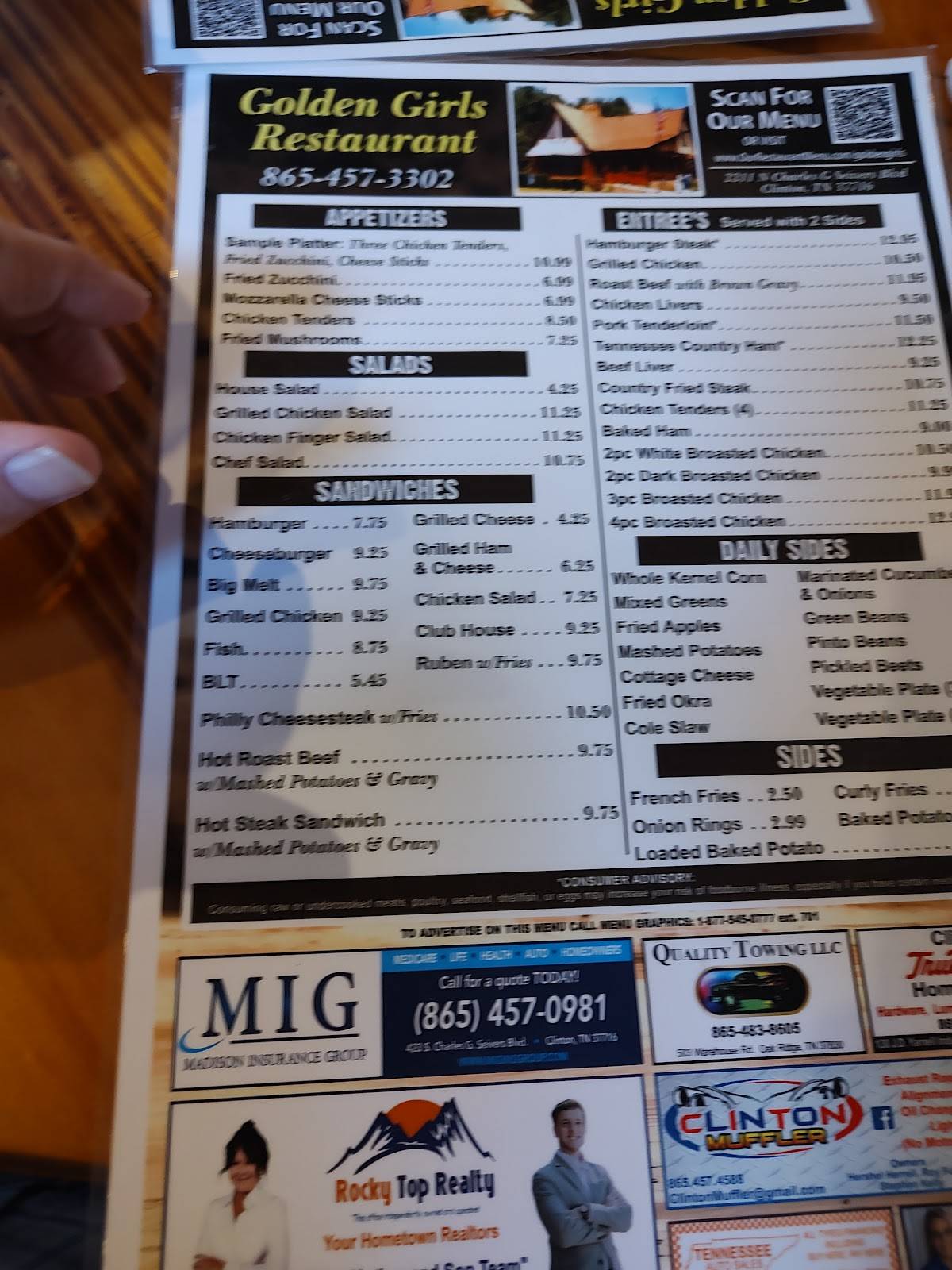 Menu at Golden Girls Restaurant, Clinton