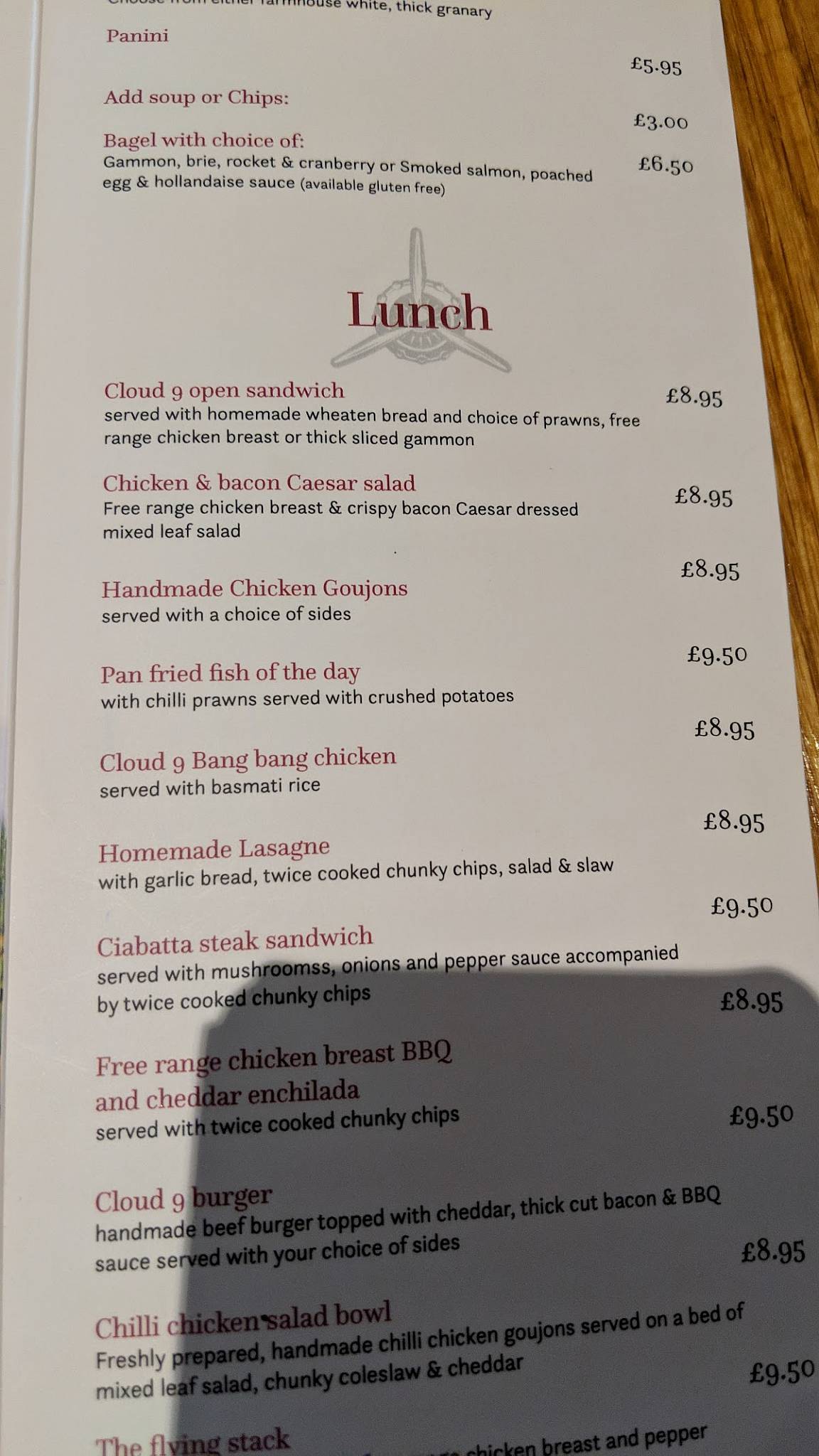 Menu at Cloud 9 Restaurant at the Ulster Flying Club, Newtownards