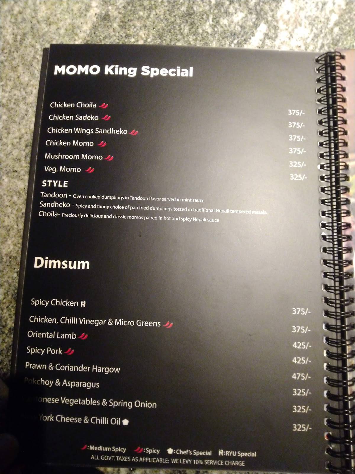Menu at RYU Bar, Gurugram