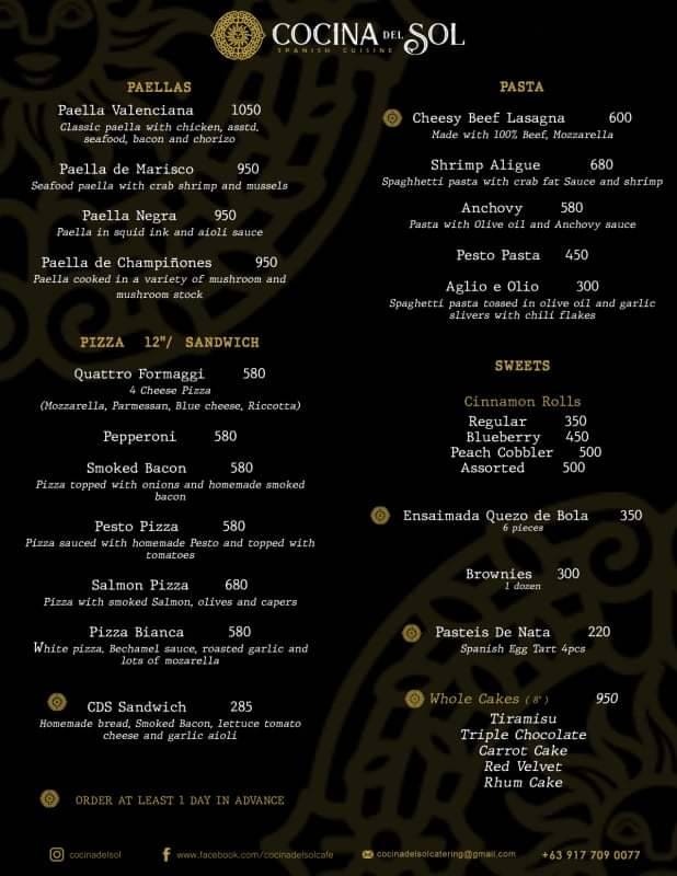 Menu at Cocina del Sol restaurant, Baguio