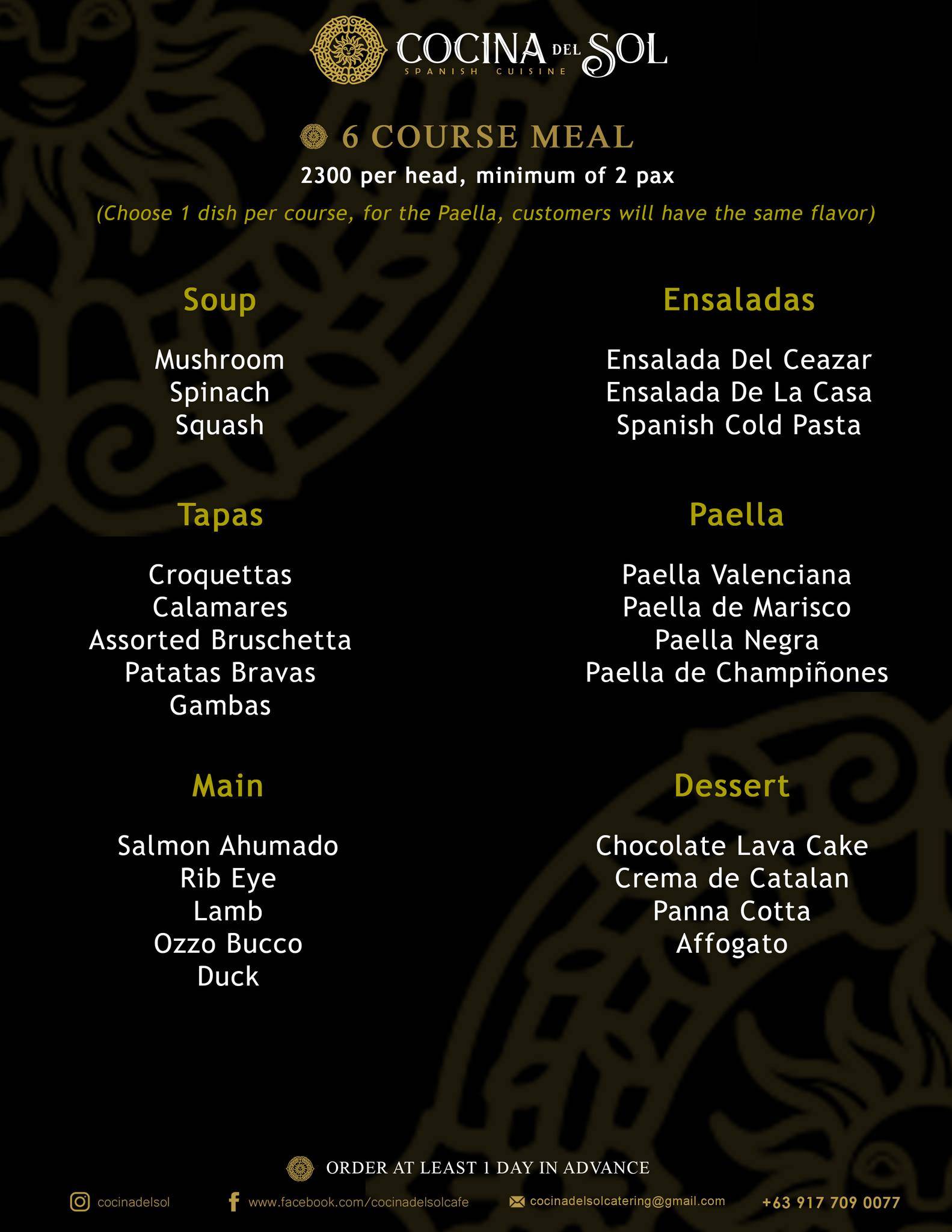 Menu at Cocina del Sol restaurant, Baguio