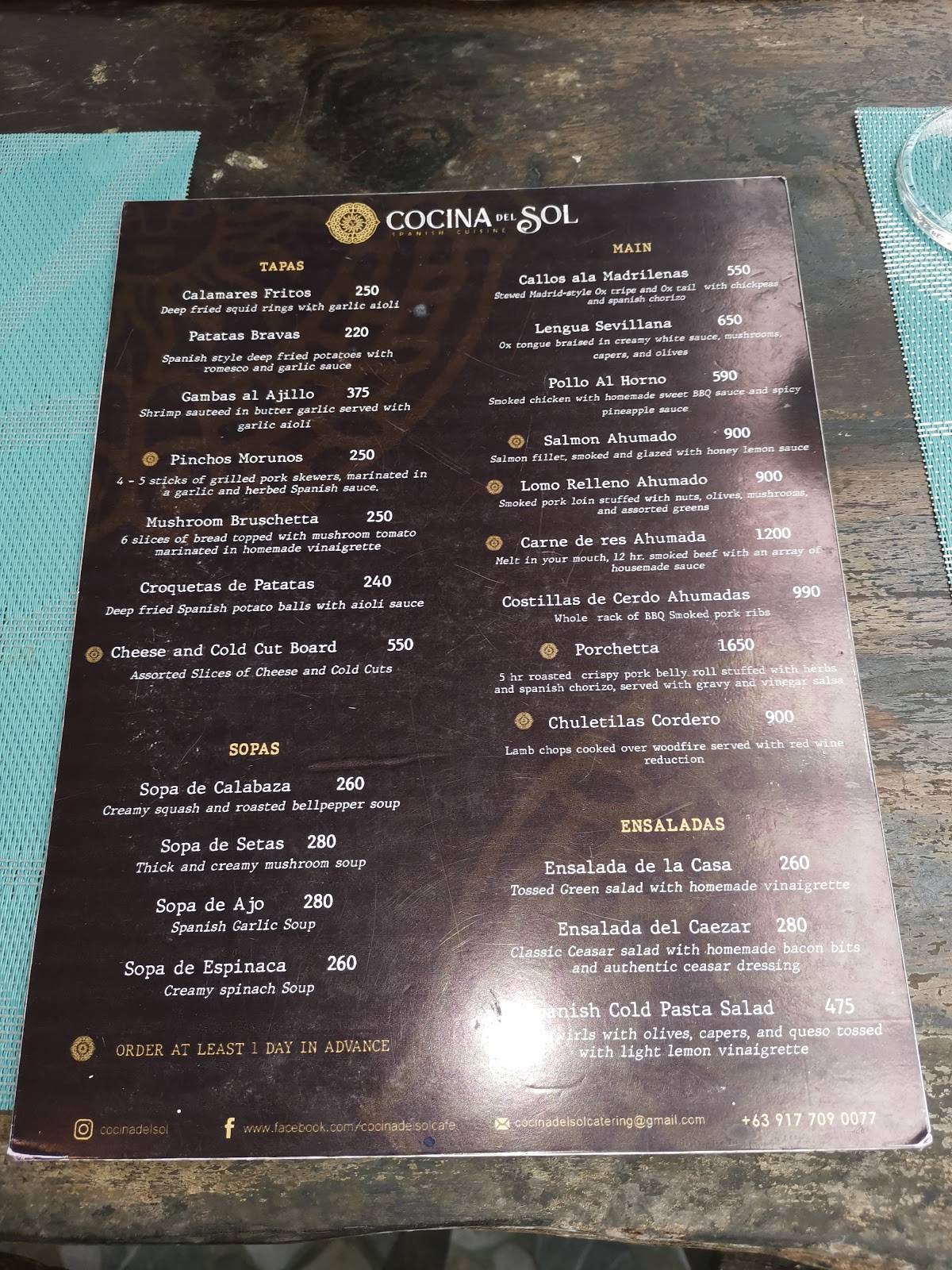 Menu at Cocina del Sol restaurant, Baguio