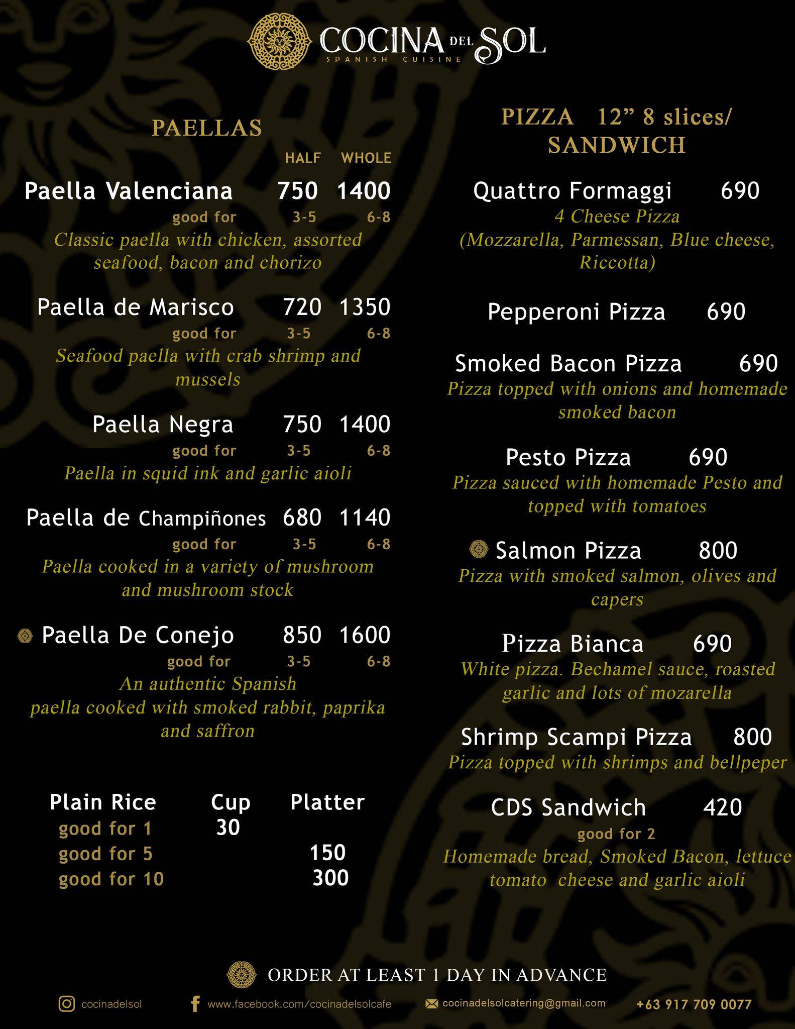 Menu at Cocina del Sol restaurant, Baguio