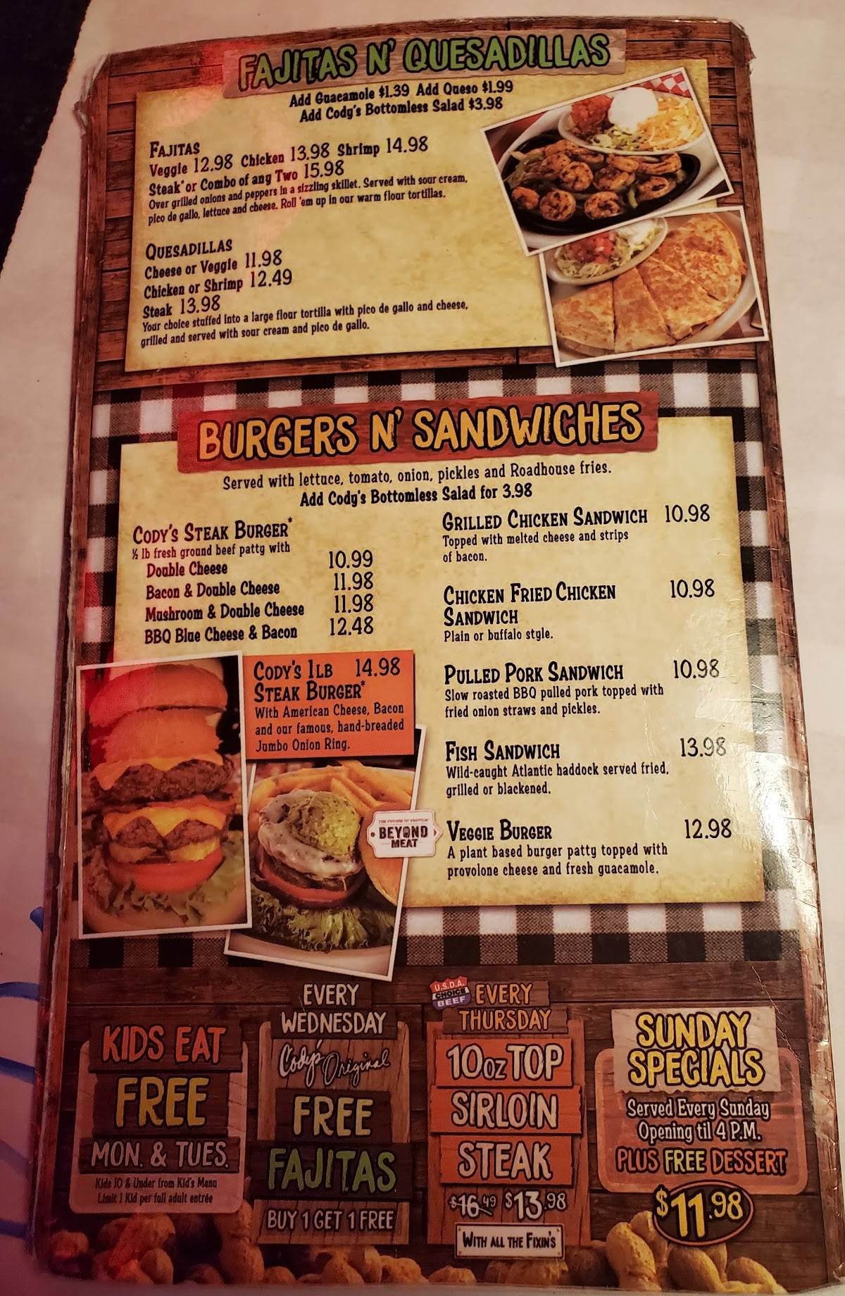 Menu at Cody's Original Roadhouse- Bay Pines steakhouse, Seminole, Park ...