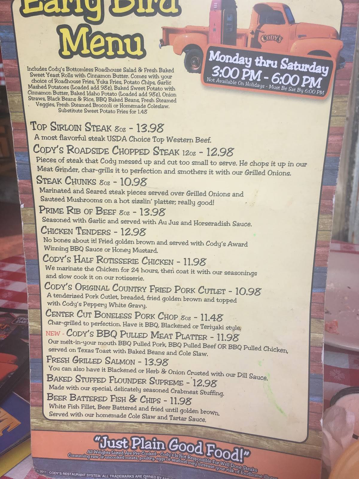 Menu at Cody's Original Roadhouse - Ocala, FL restaurant, Ocala, SW ...